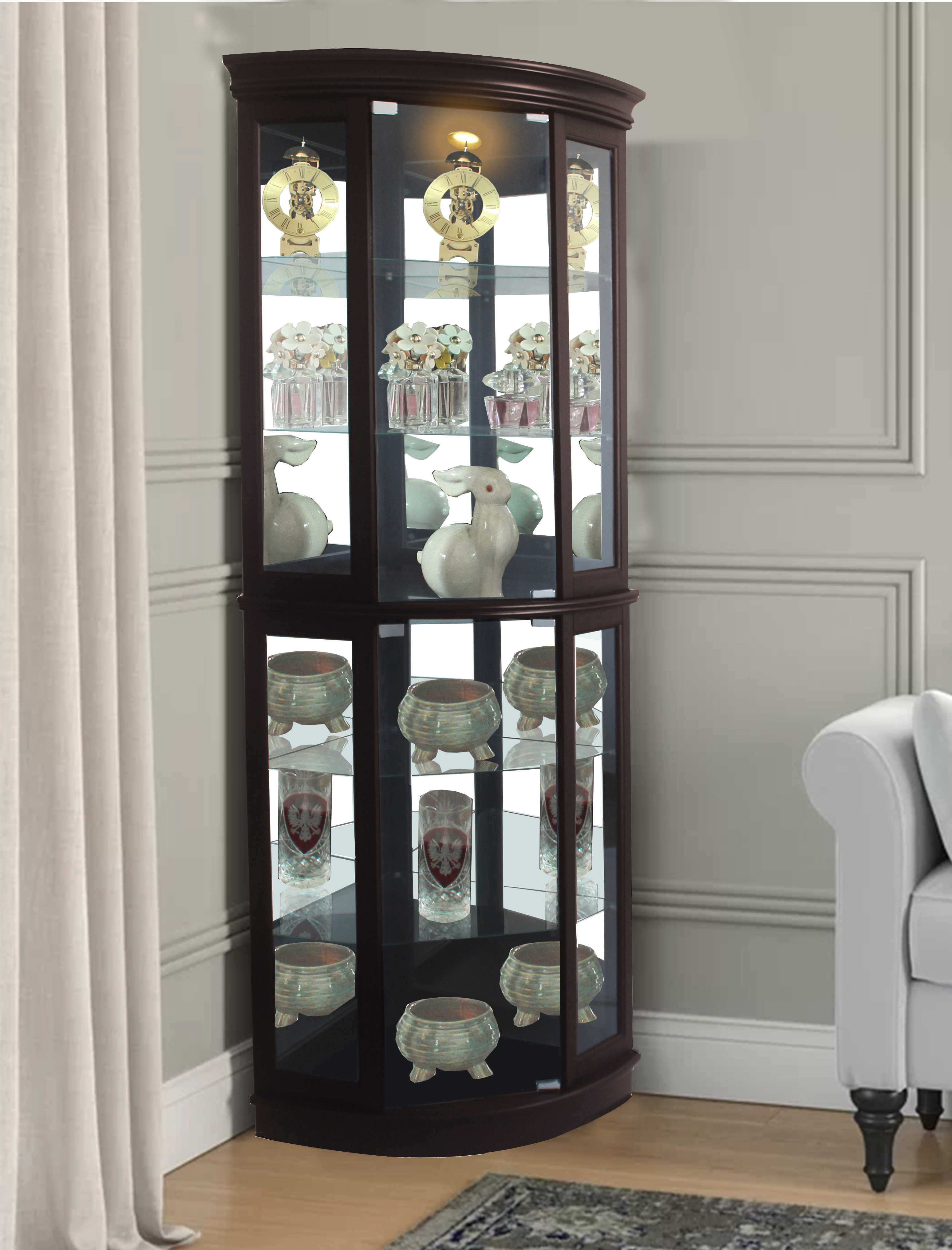 Red Barrel Studio® Lighted Corner Curio Cabinet In Walnut Finish ...