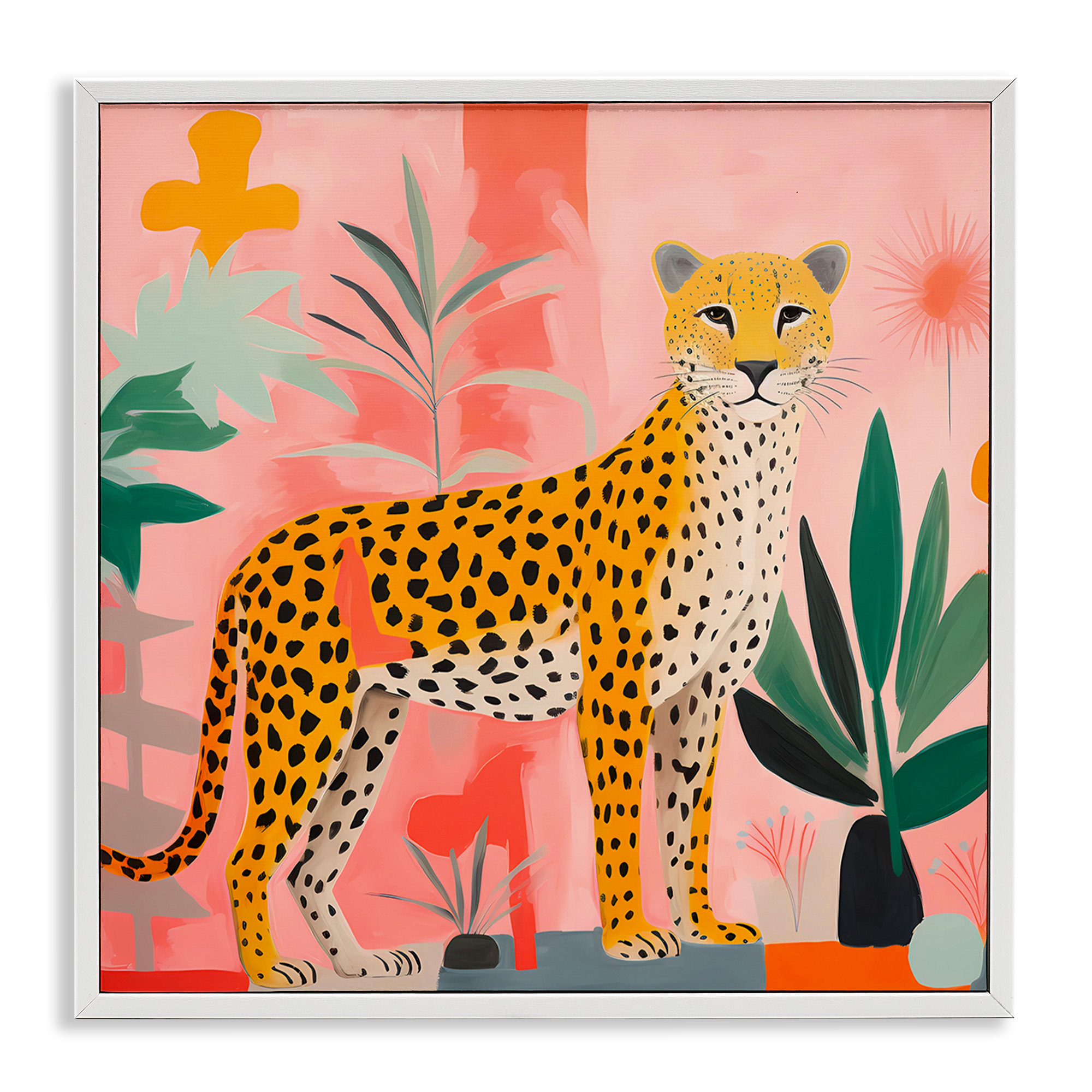 Stupell Industries Standing Leopard & Plants Black Framed Giclee Art by ...