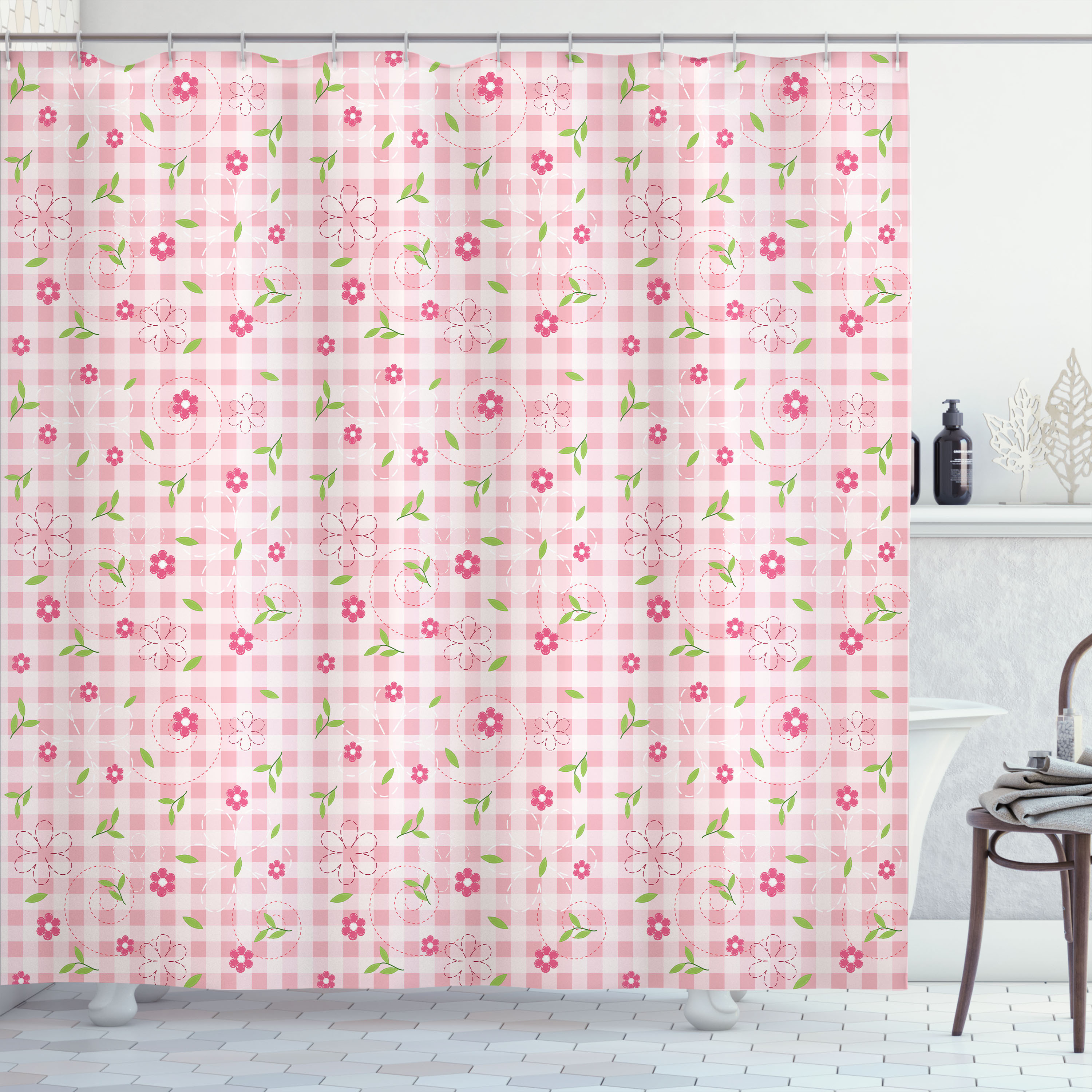 Ambesonne Pink Green Shower Curtain Checkered Flower Petals Pale Pink ...