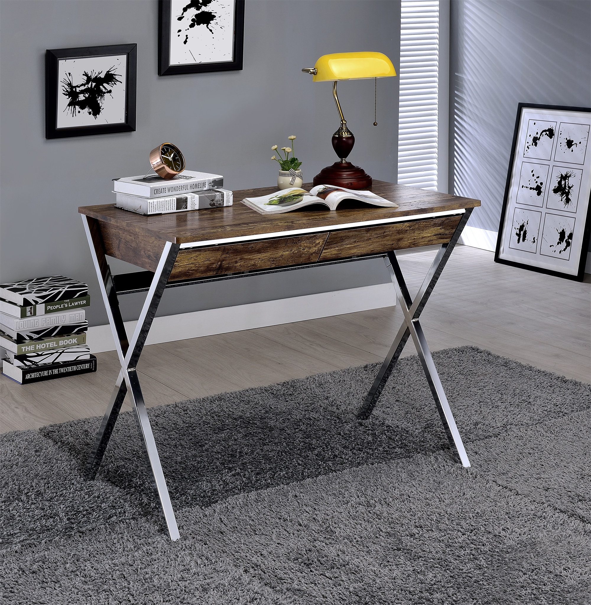 Latitude Run® Callers Weathered Oak & Chrome Finish Writing Desk | Wayfair