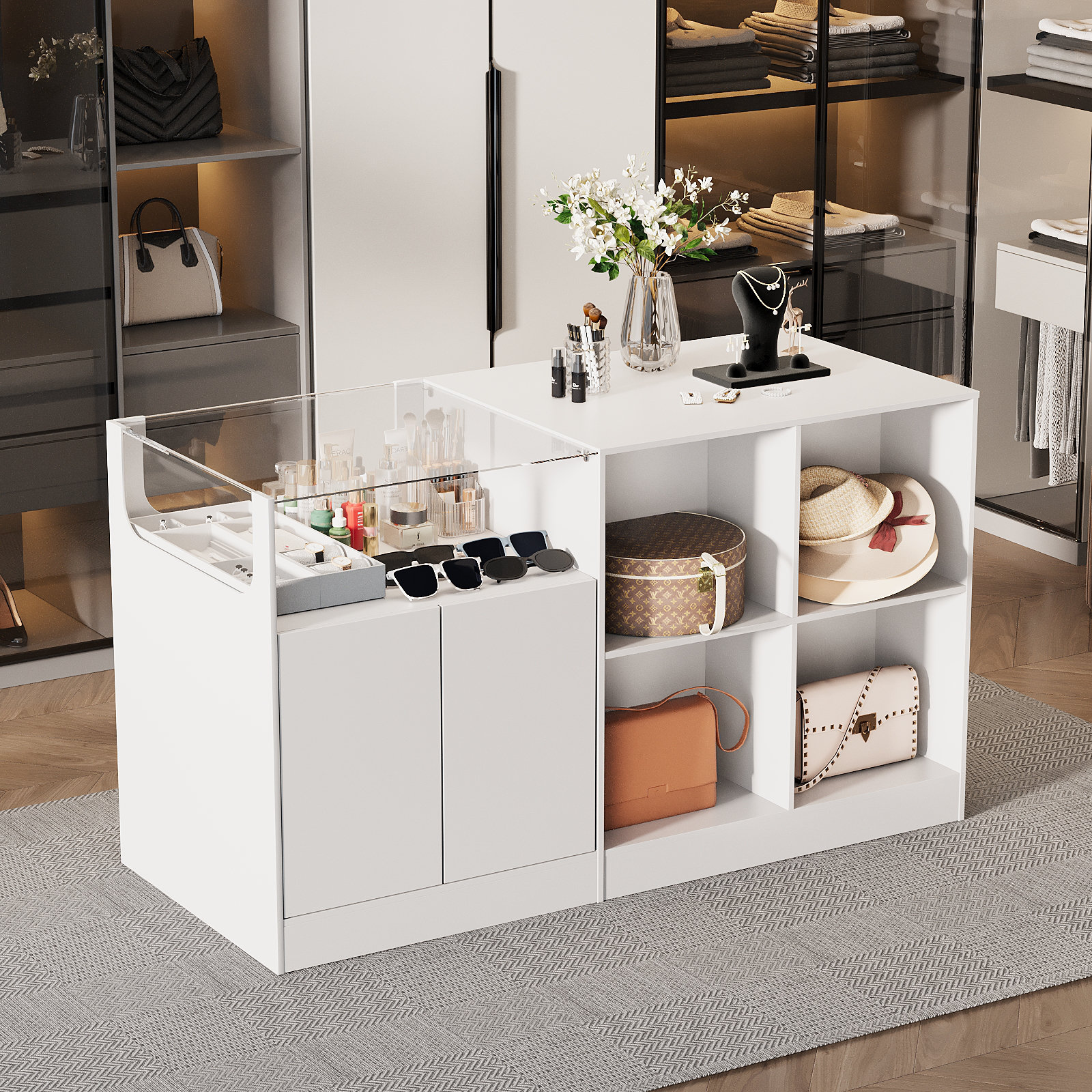 Ebern Designs White Dresser With Glass Top And Jewelry Display | Wayfair