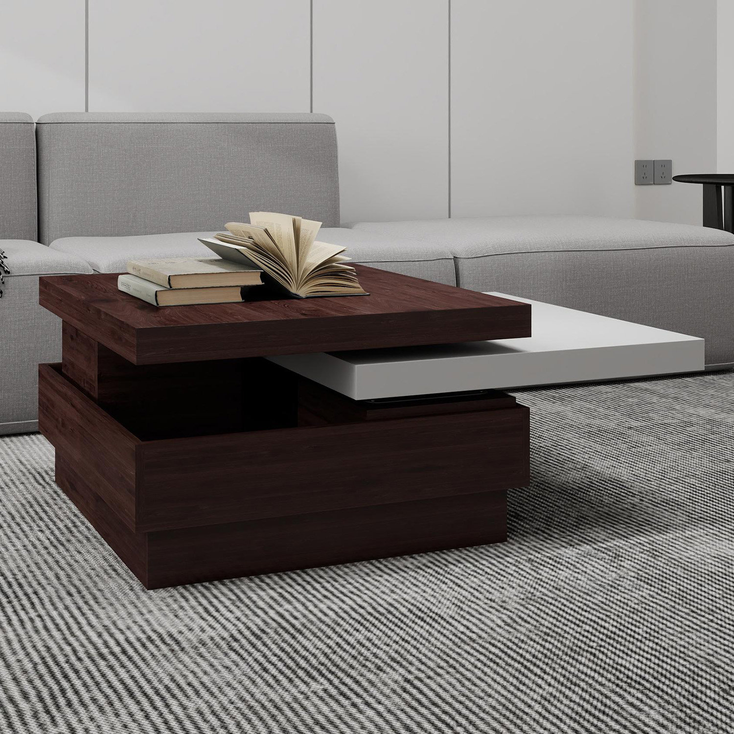 Ivy Bronx White + Brown Swivel Top Coffee Table, Modern Square Coffee ...