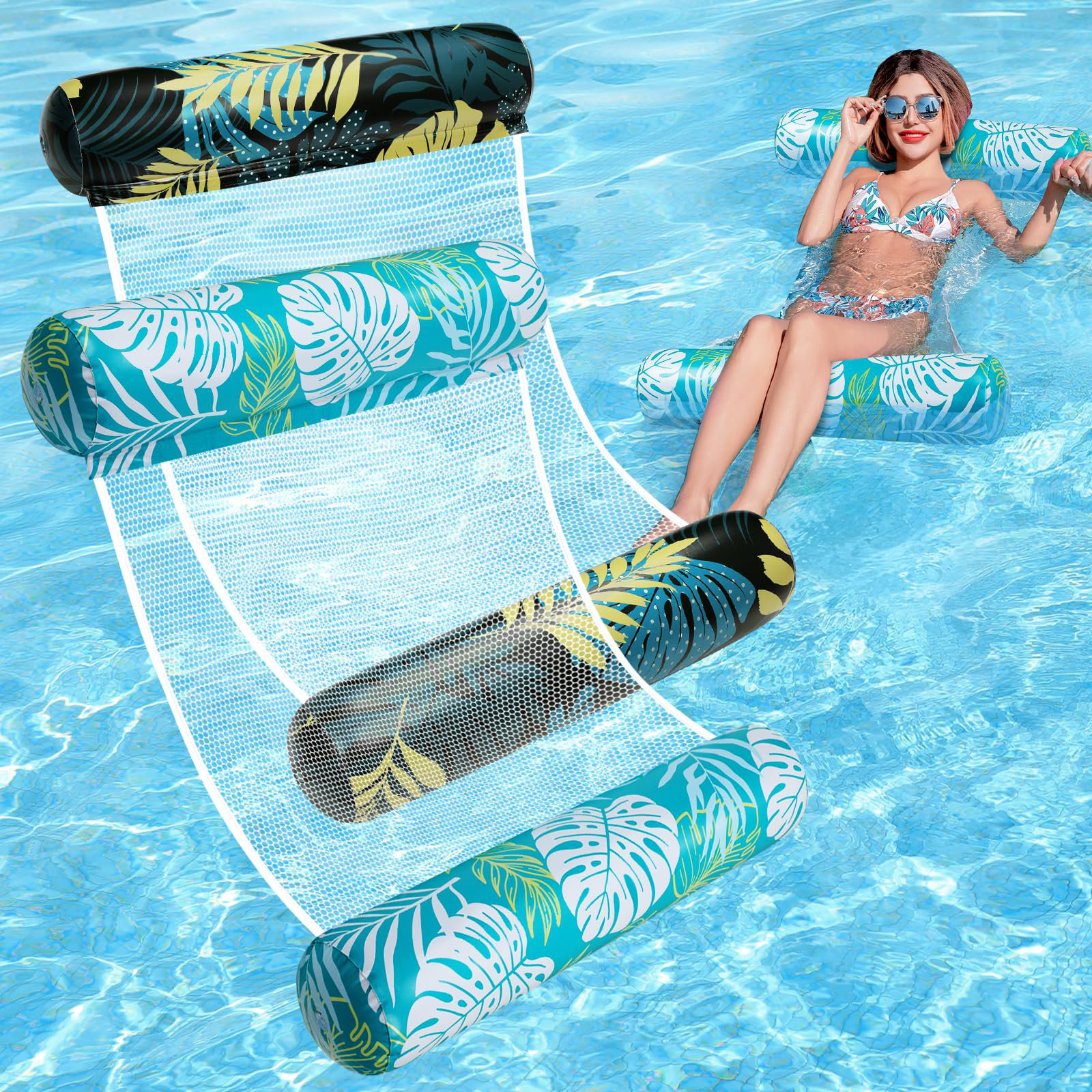 INVOTOT 2 Pack Inflatable Pool Floats Adult, 4-In-1 Multi-Purpose Rafts Lounger Water Hammock ...