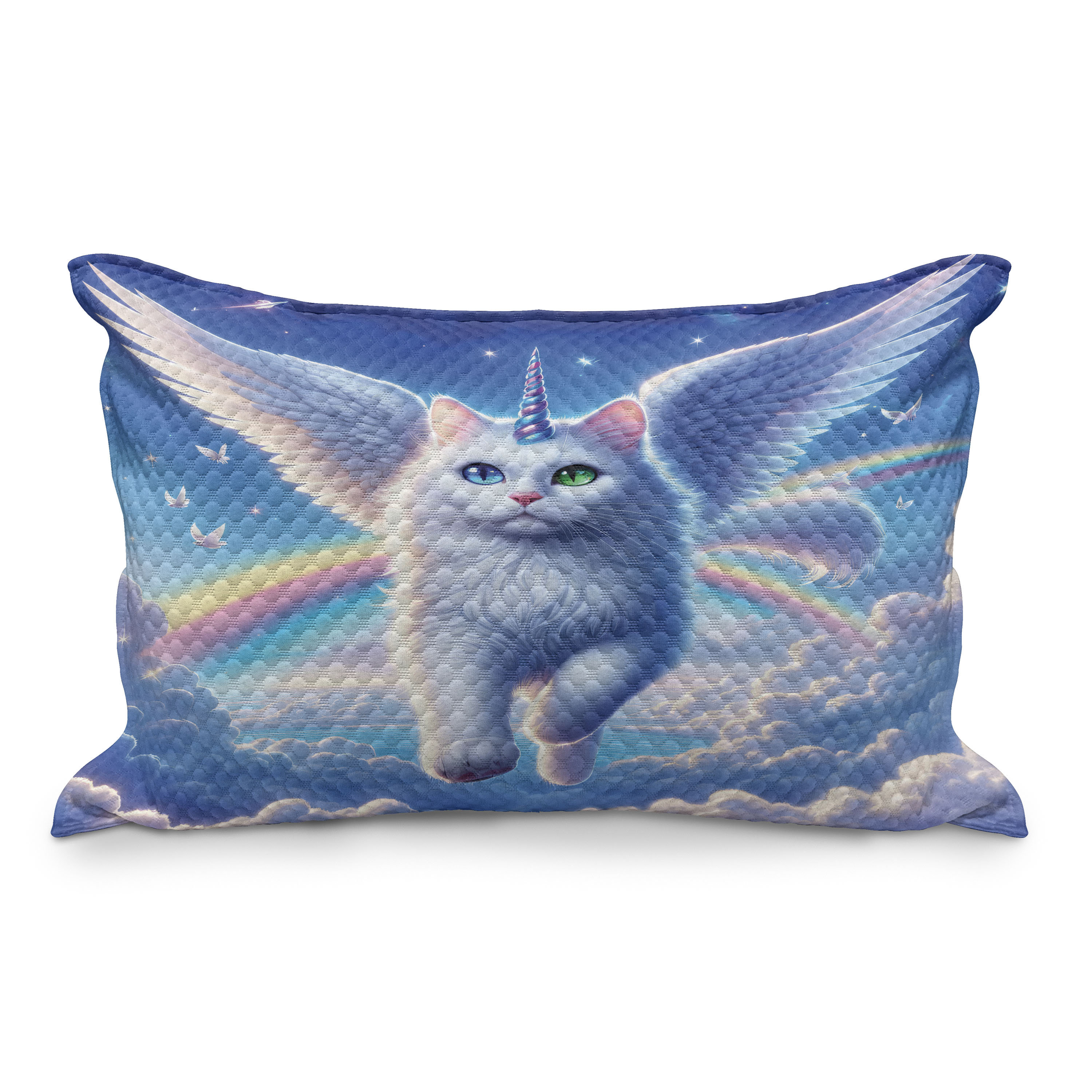 Ambesonne Cat Quilted Pillowcase Pegasus Kitty Flies Clouds Sky, Azure ...