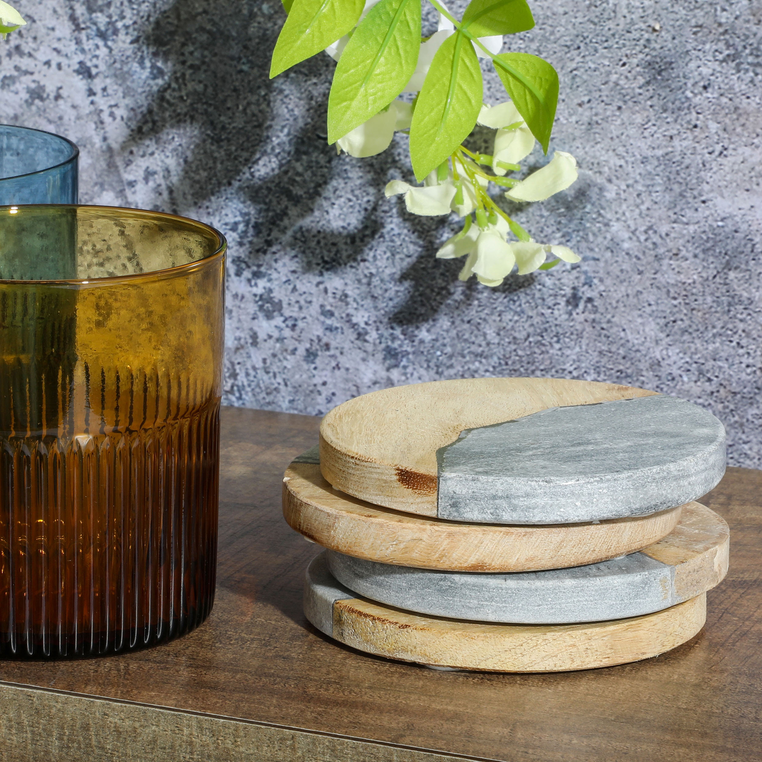 Laurie Gates Mango Wood And Marble Round 4 Piece Coaster Set | Wayfair