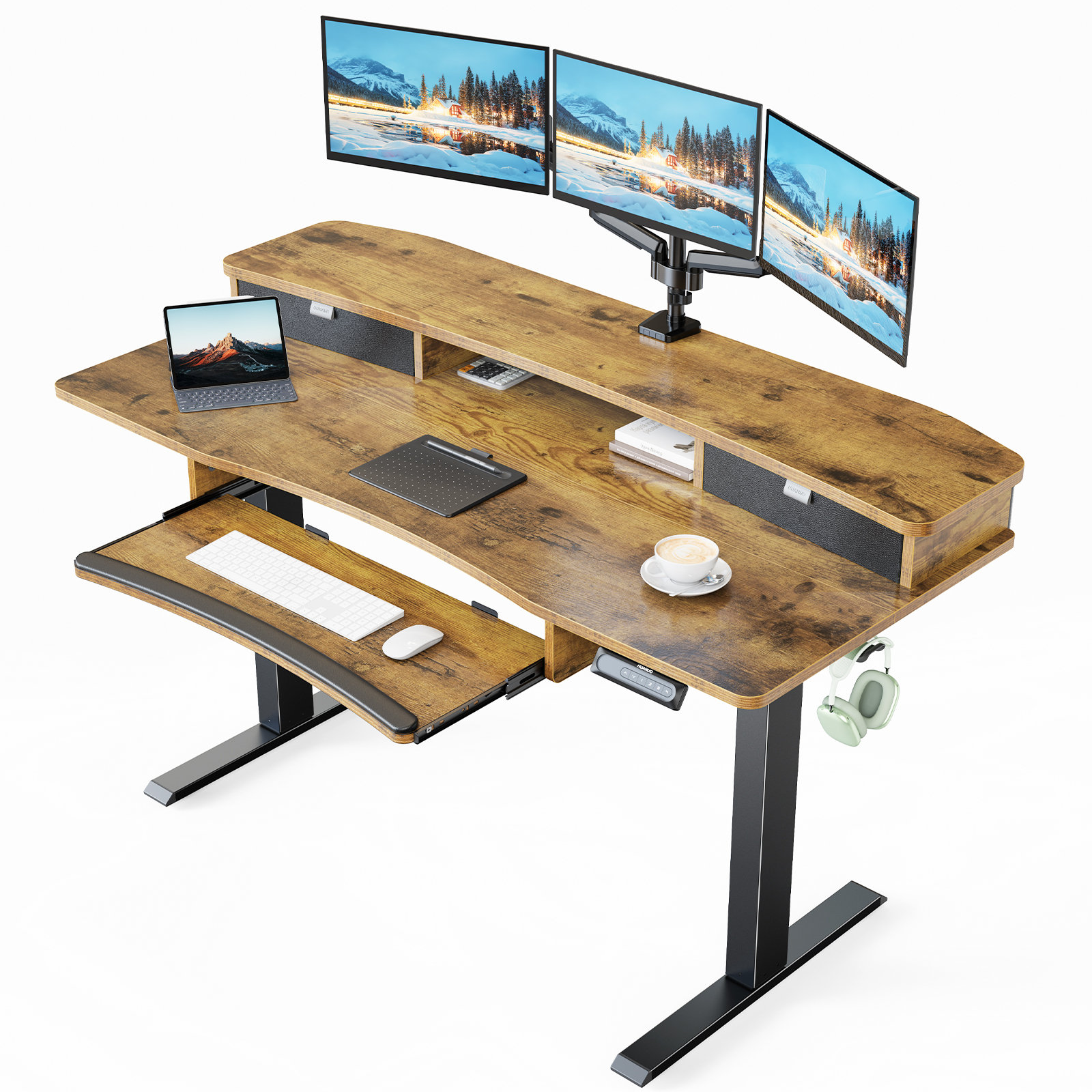 Inbox Zero Adjustable Standing Desk With Keyboard Tray, Riser & Drawers ...