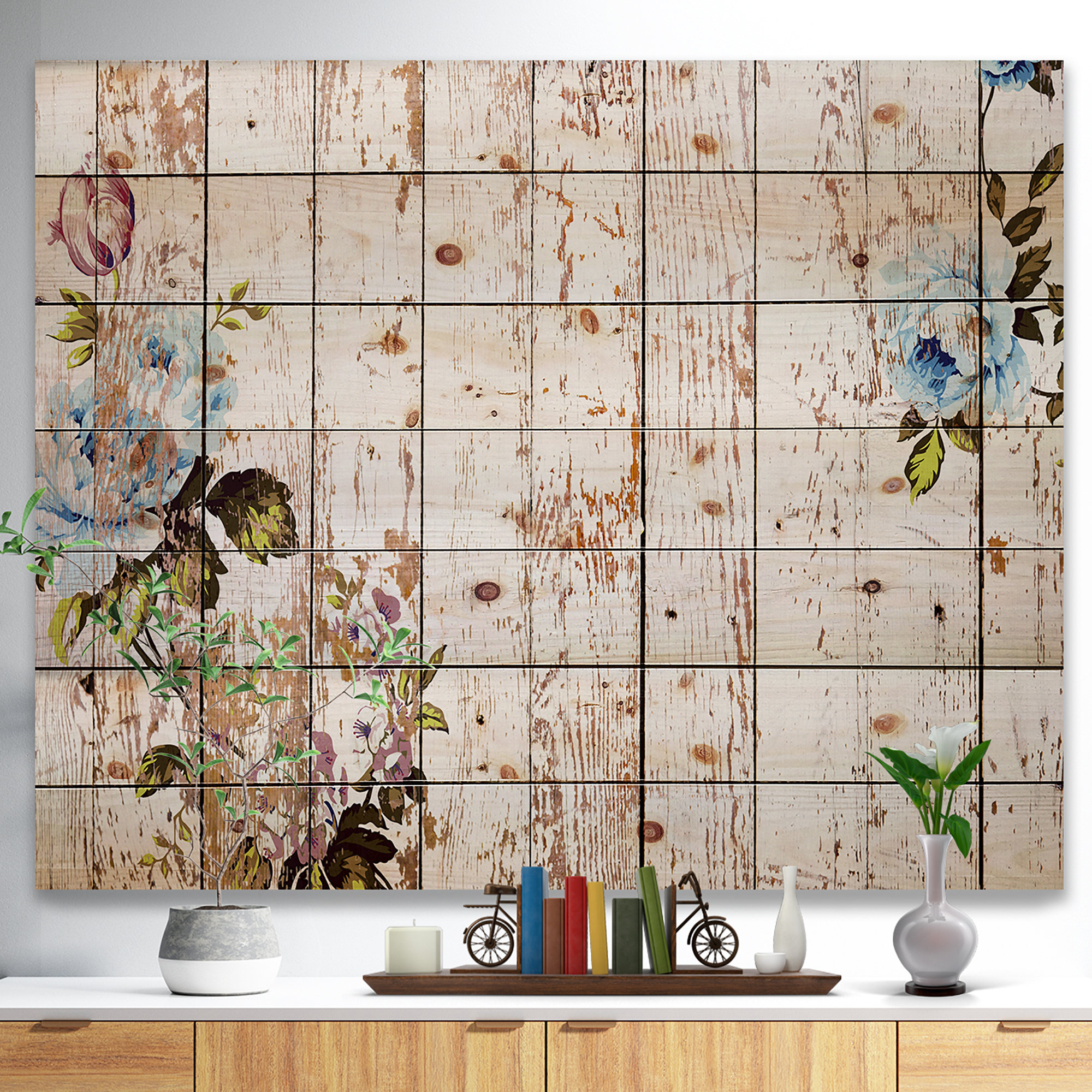 Winston Porter Shabby Elegance Roses On Wooden Texture - Farmhouse Wood ...