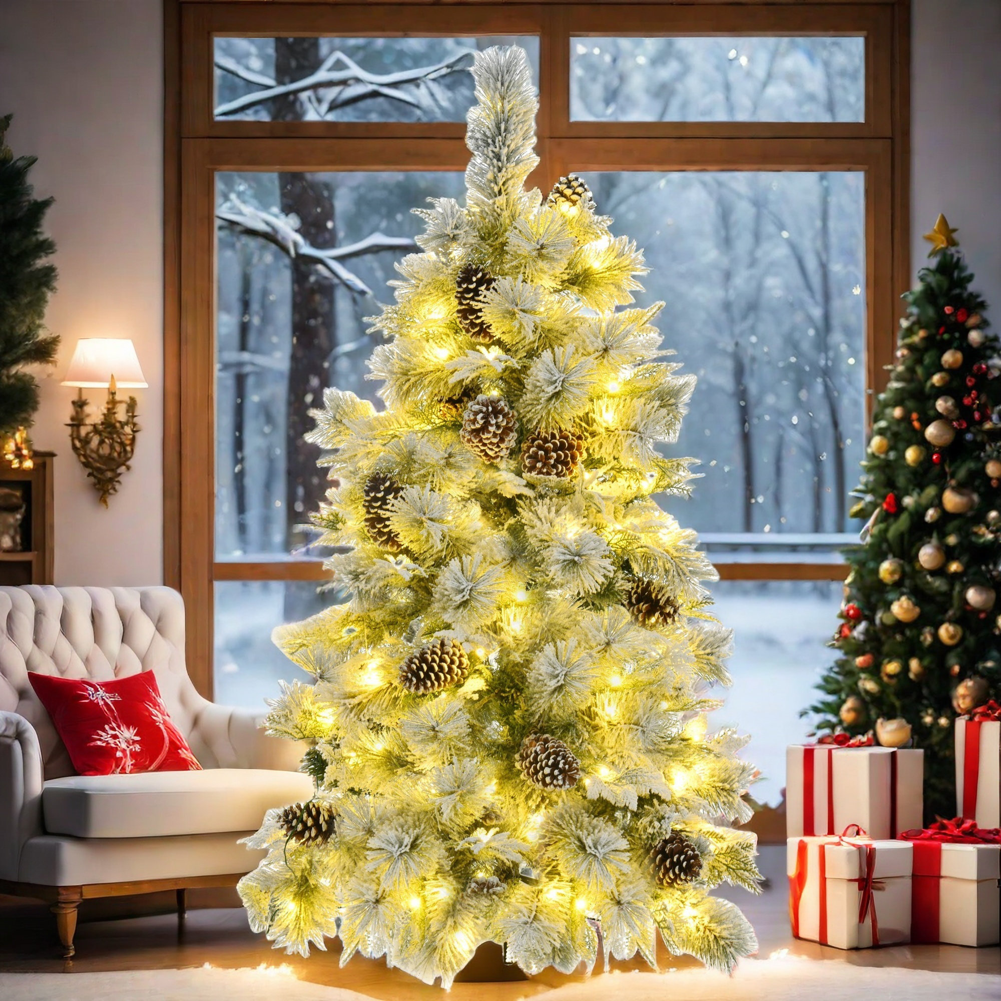 The Holiday Aisle® Pre-lit Spruce Snow Flocked Christmas Tree With Pine ...