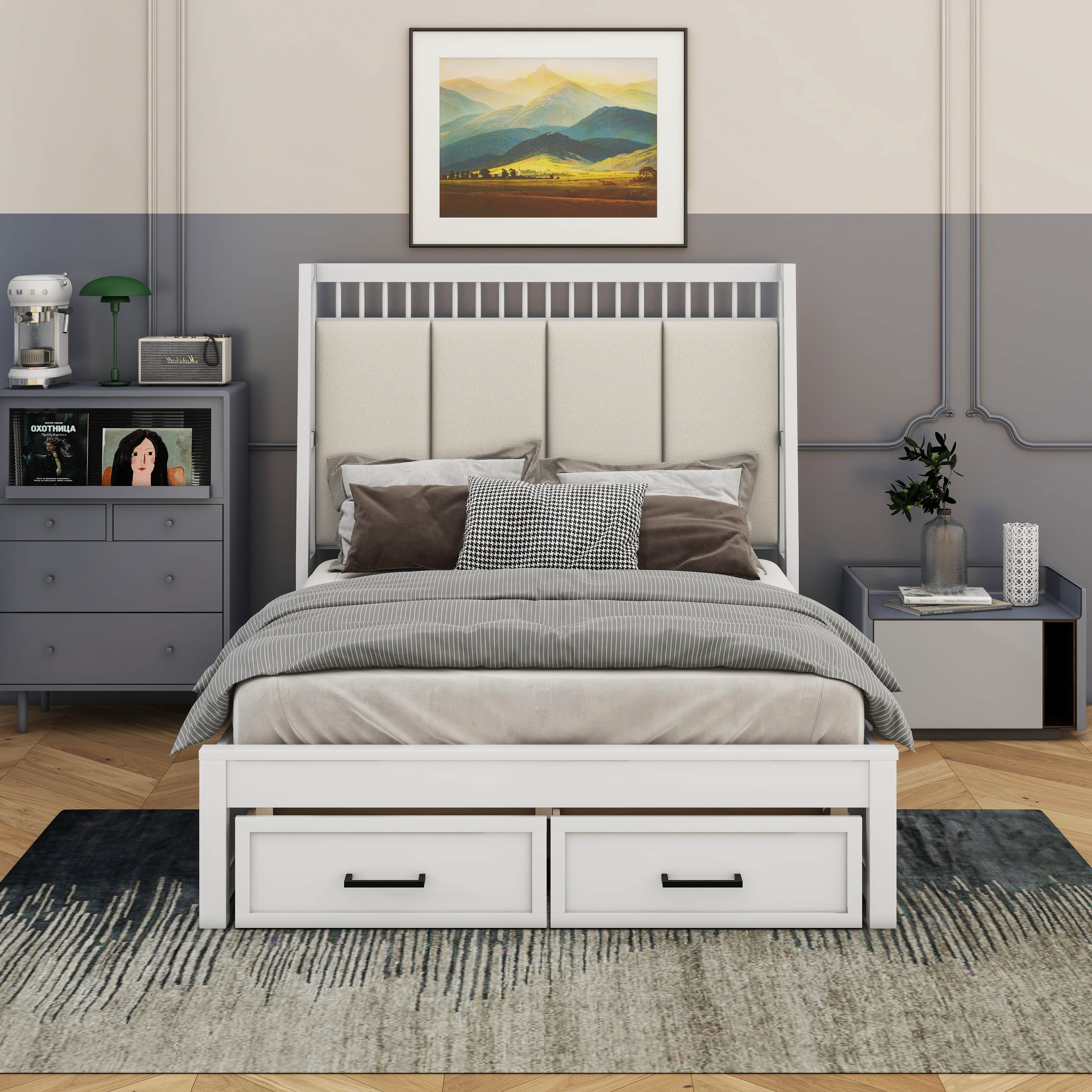 Lark Manor Wood Platform Bed With Upholstered Headboard And 2 Drawers ...