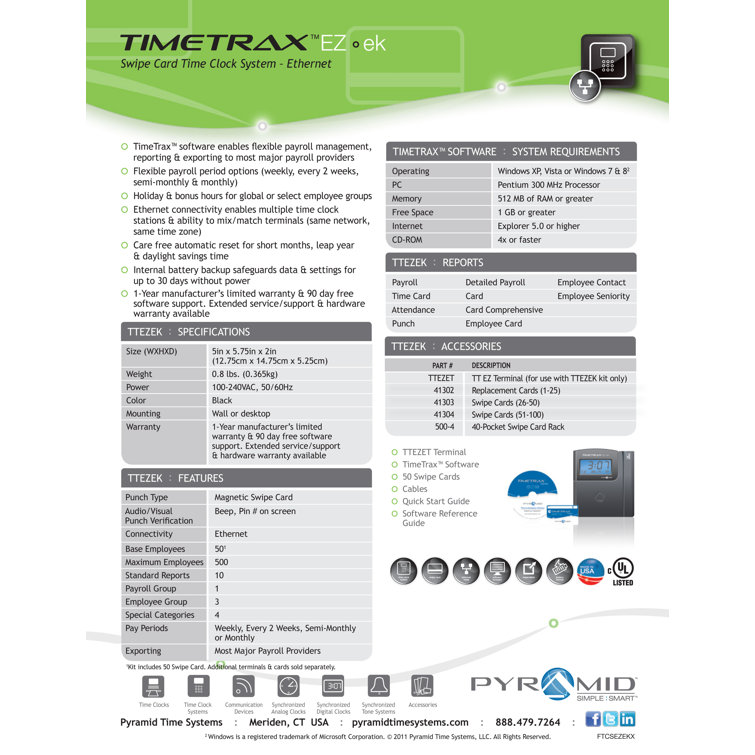 Pyramid Time Trax EZ Ethernet Swipe CardTime Clock and Attendance ...