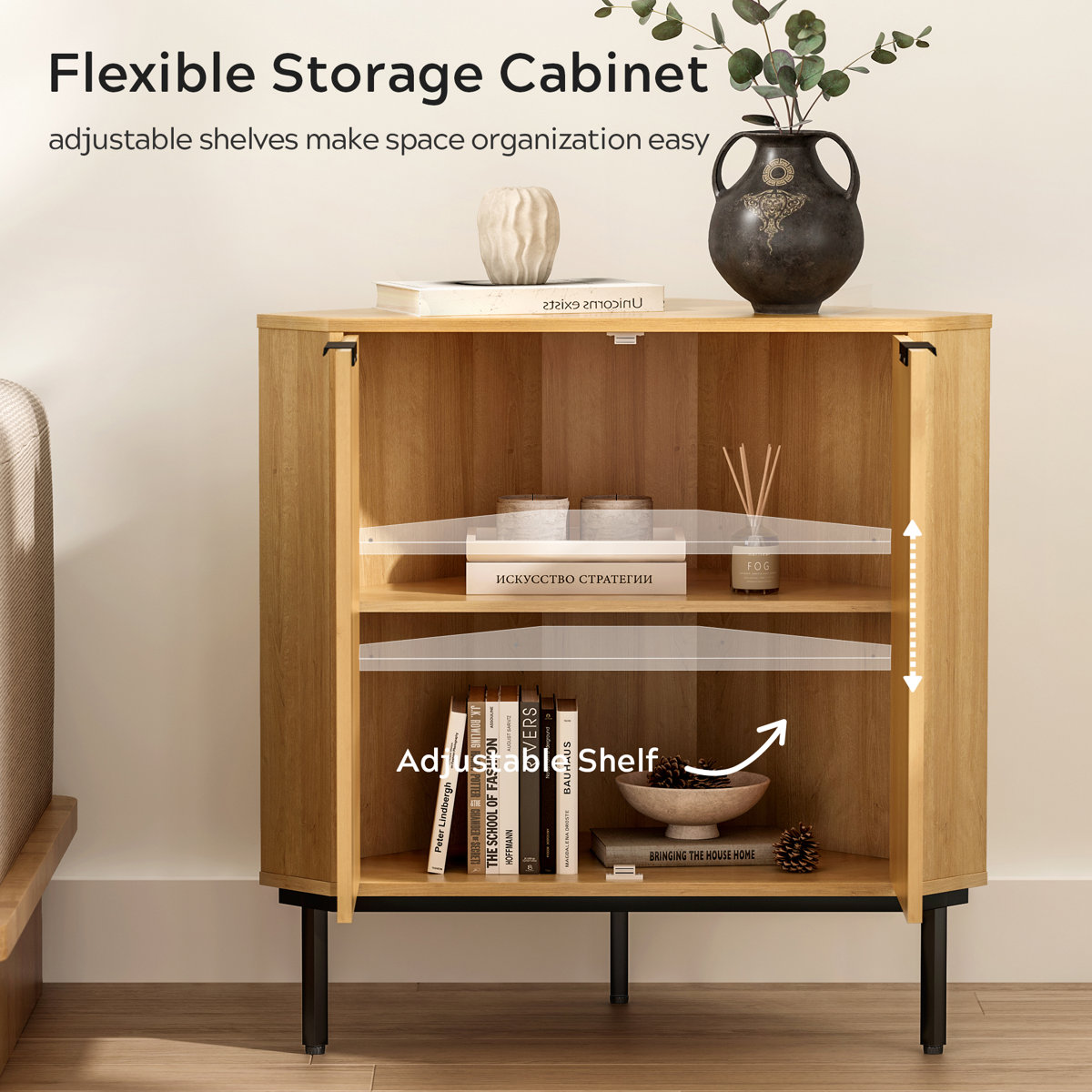 Ebern Designs Fluted Corner Cabinet With 2 Doors And 2-Tier Shelves ...