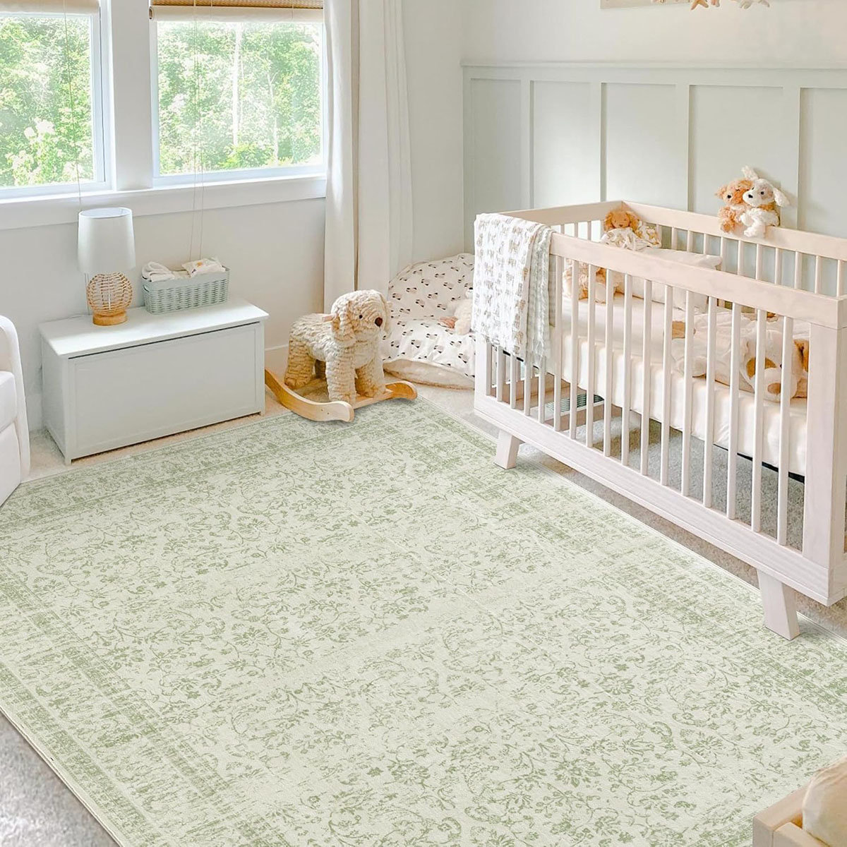 Canora Grey Nursery Rug For Baby,Washable Floral Print Sage Green Boho ...