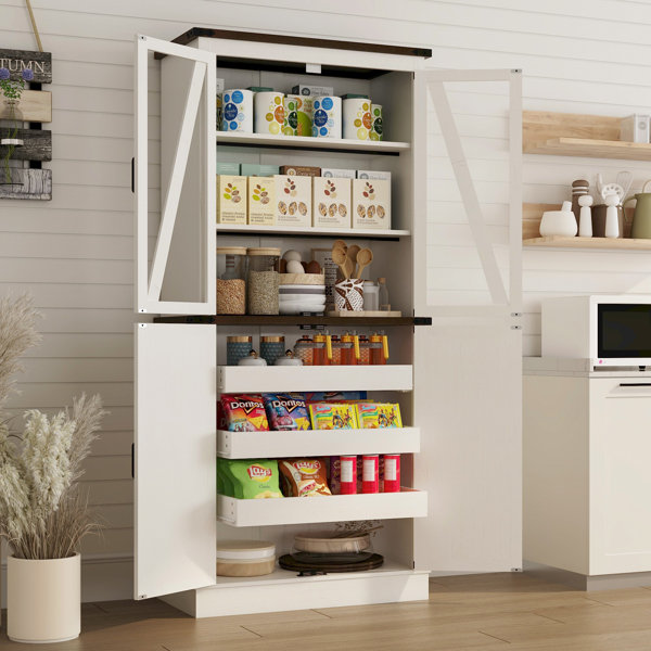 Gracie Oaks 71" Kitchen Pantry With Transparent Upper Doors, 3 Sliding ...