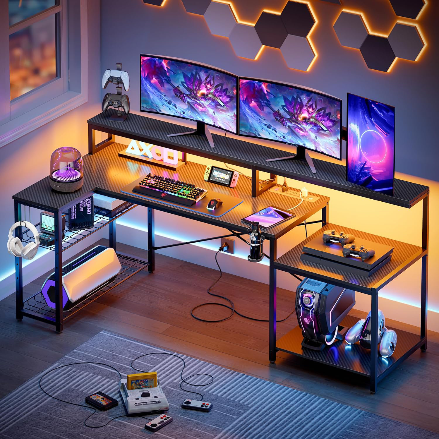 Ivy Bronx Gaming Desk with Power Outlets, 71.5 LED Computer Desk with ...