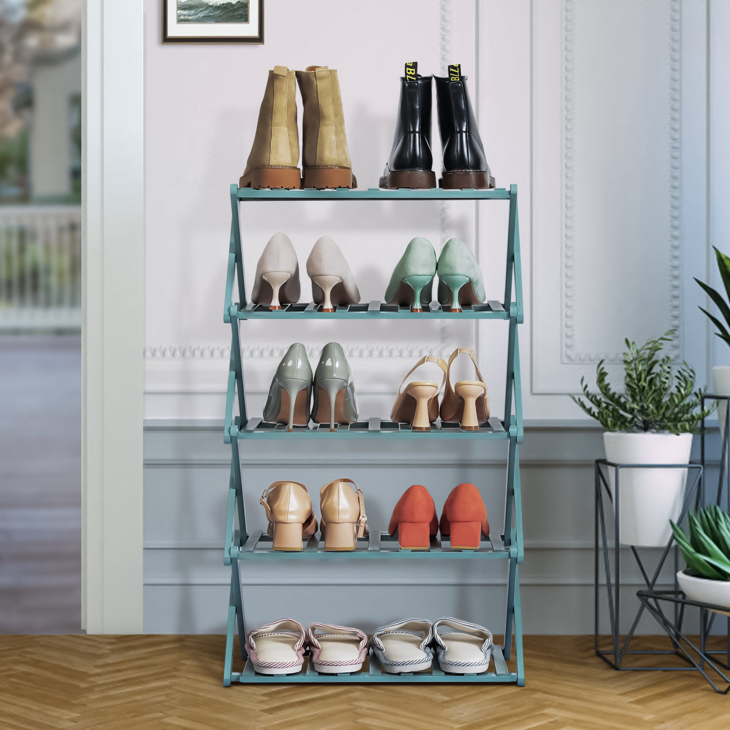 MoNiBloom 5-Tier 15 Pairs Bamboo Foldable Shoe Rack, Shoe Storage Shelf ...