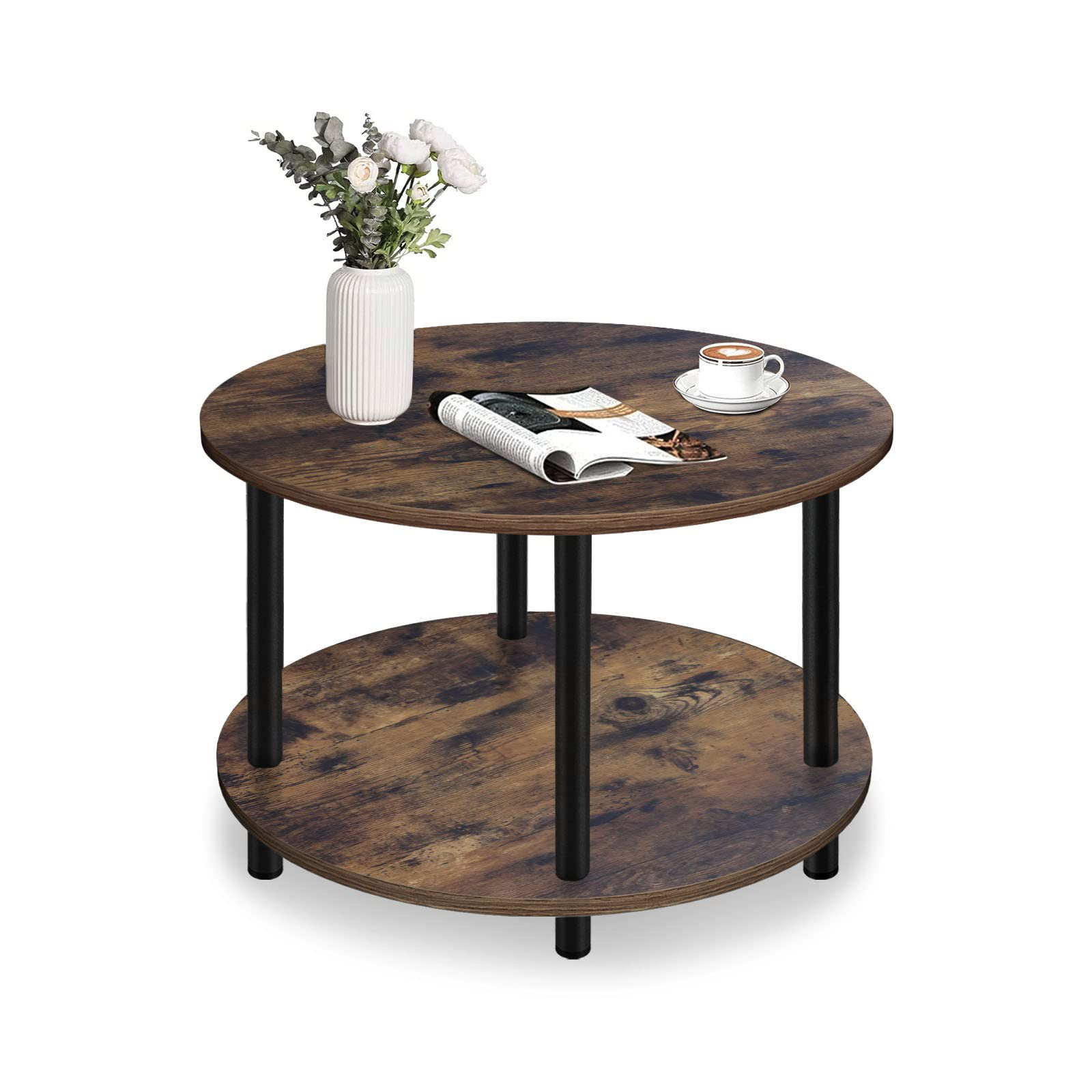 17 Stories Rustic Brown Round Coffee Table, Sturdy MDF Board With Metal ...