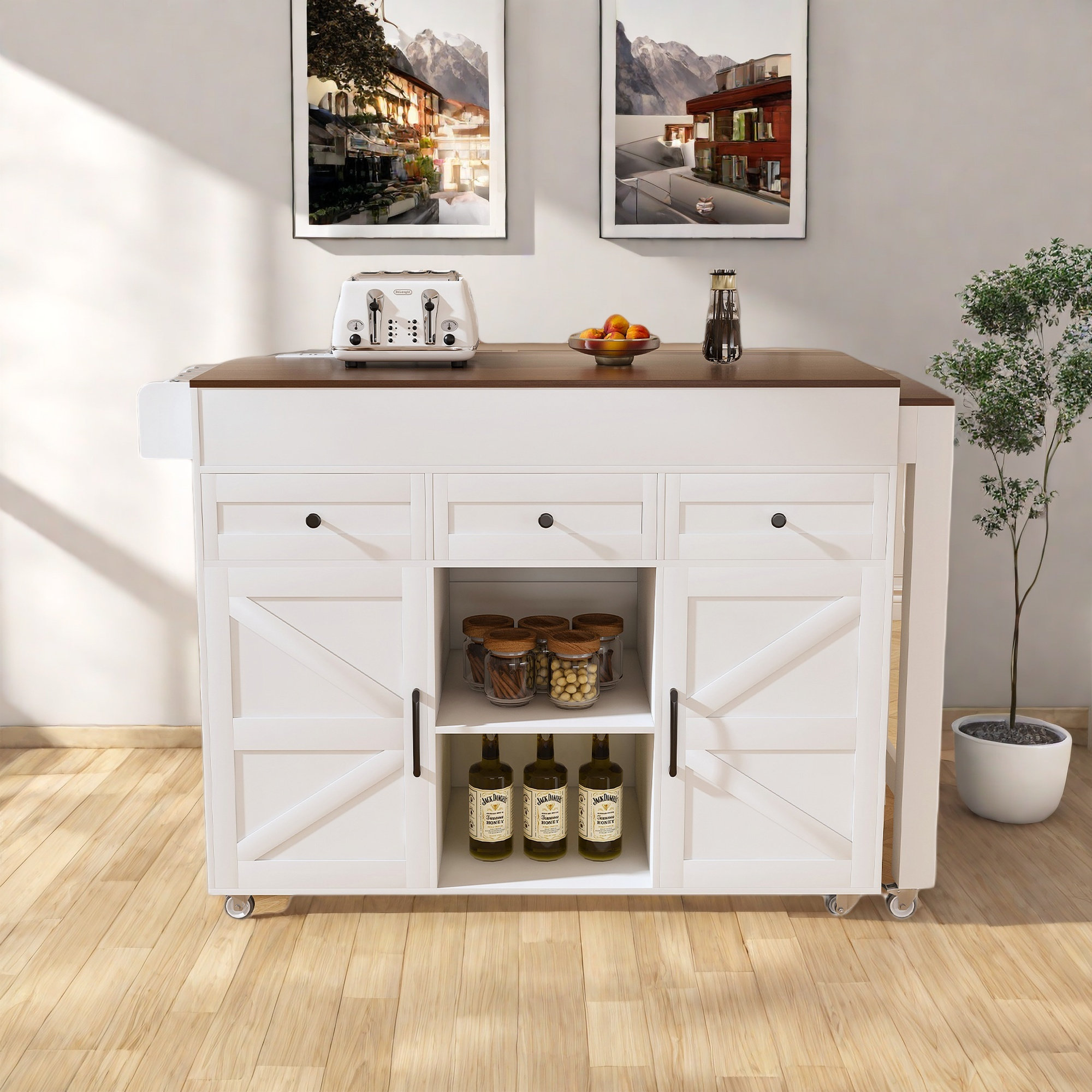 Gracie Oaks Kitchen Island With Extendable Dining Table & Power Outlet ...