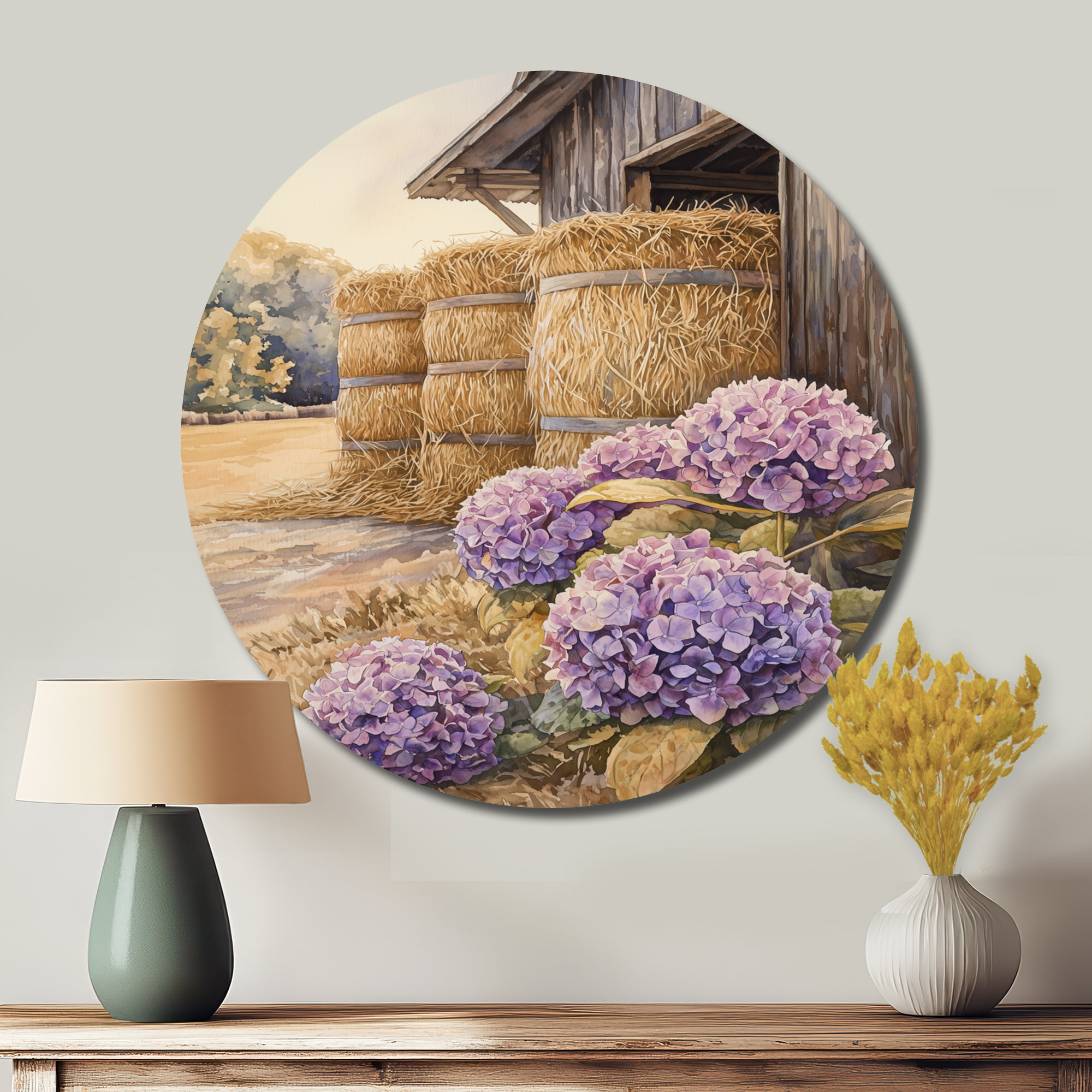 August Grove Hydrangeas In The Hayloft I - Hydrangea Round Metal Wall ...