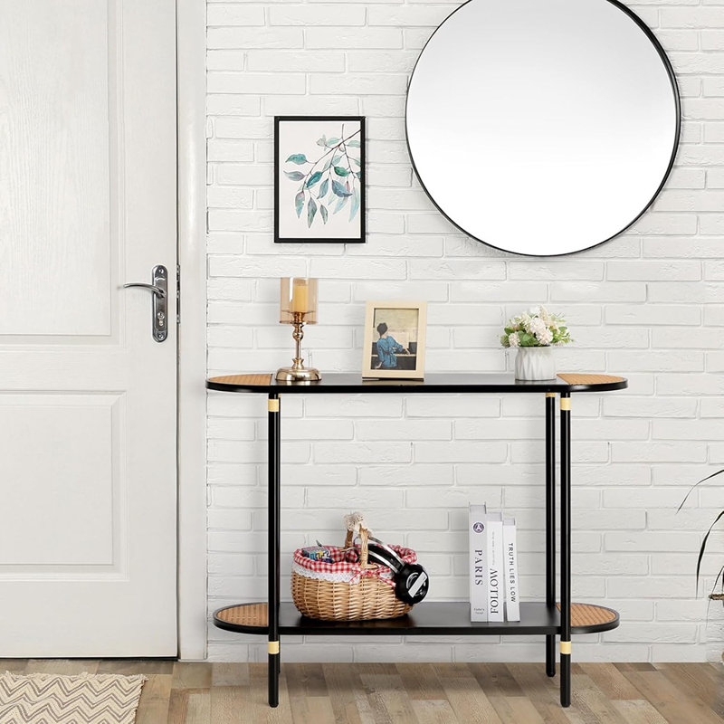 17 Stories Black Metal Console Table With Rattan Decor, 2-tier Entryway ...