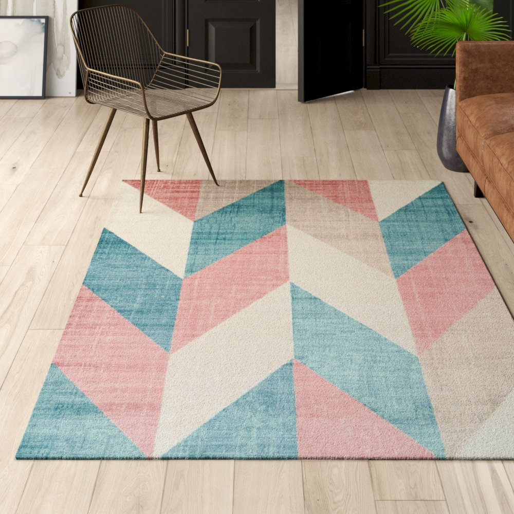 George Oliver Behanan Chevron Teal/Pink Area Rug & Reviews | Wayfair