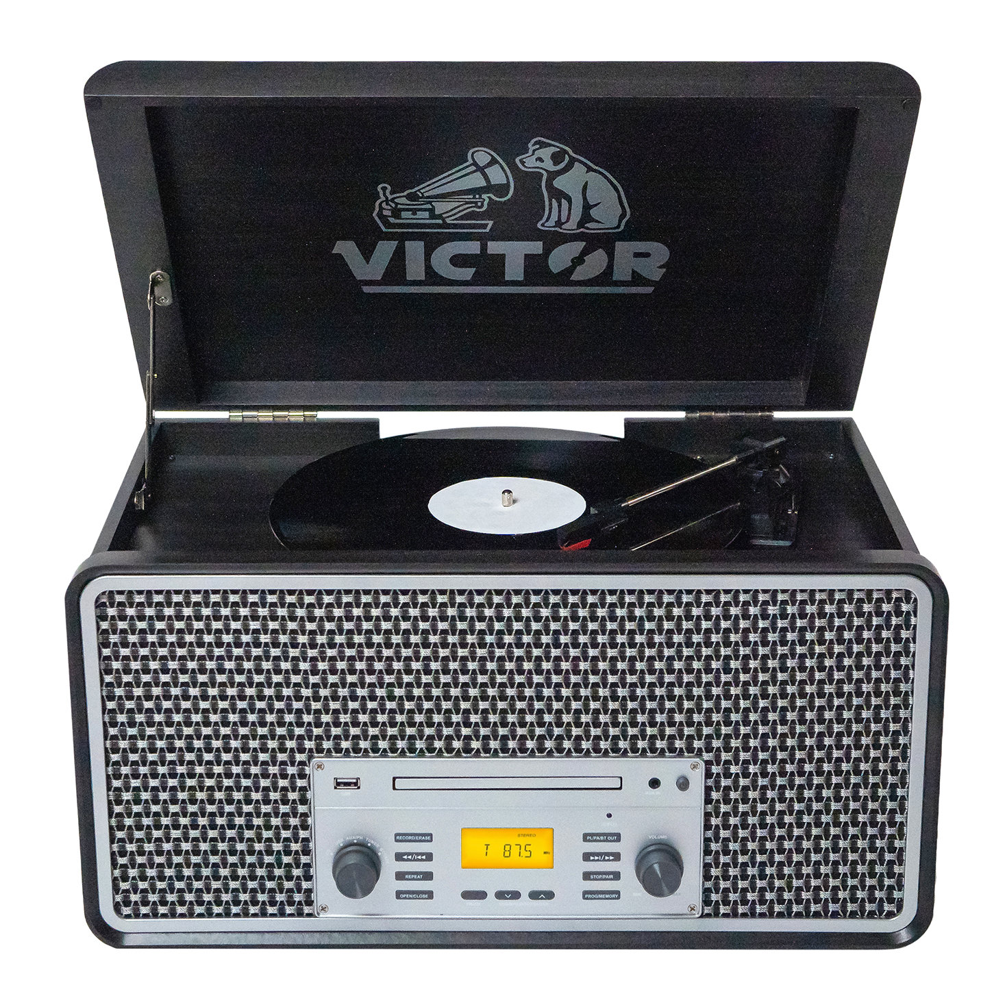 Victor 8-in-1 Wood Music Center with Bluetooth Vinyl Record Player ...