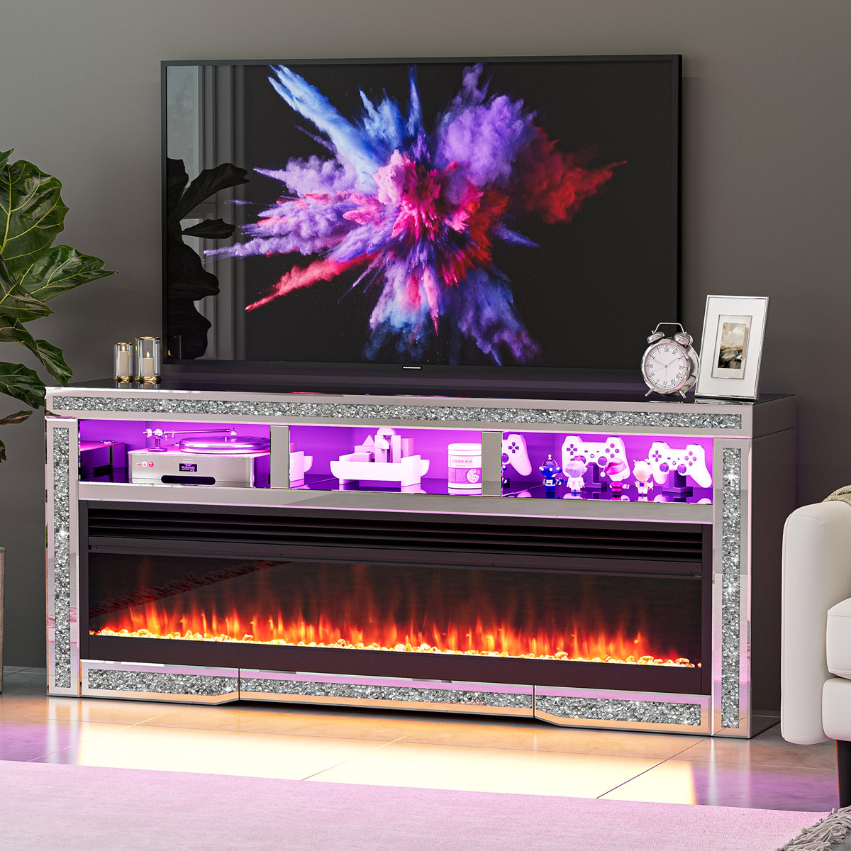 Everly Quinn Mirrored Fireplace Tv Stand For 65+ Inch Tv, Silver Tv ...