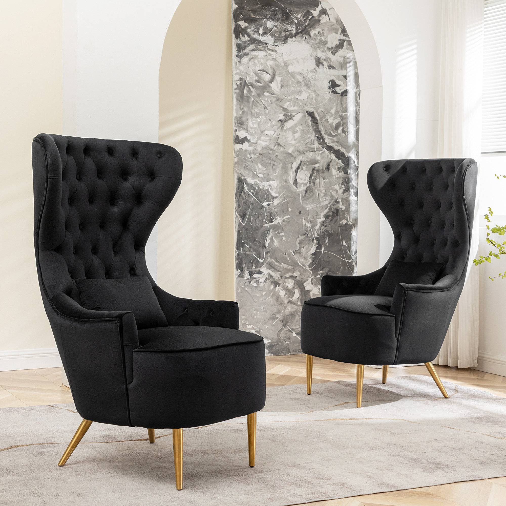 Flaxville 2 Pieces Upholstered Tufted Velvet High Wingback Chair Willa Arlo Interiors Fabric Black Velvet