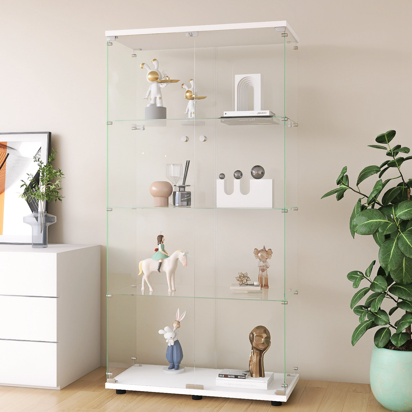 HOVEYY Two-Door Glass Display Cabinet 4 Shelves With Door, Floor ...