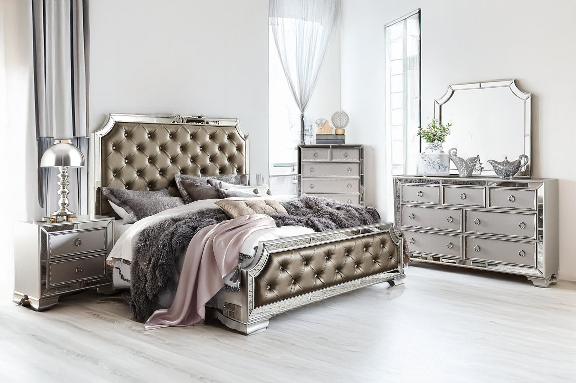 Rosdorf Park Nicholas Silver Upholstered Tufted Panel Bedroom Set | Wayfair