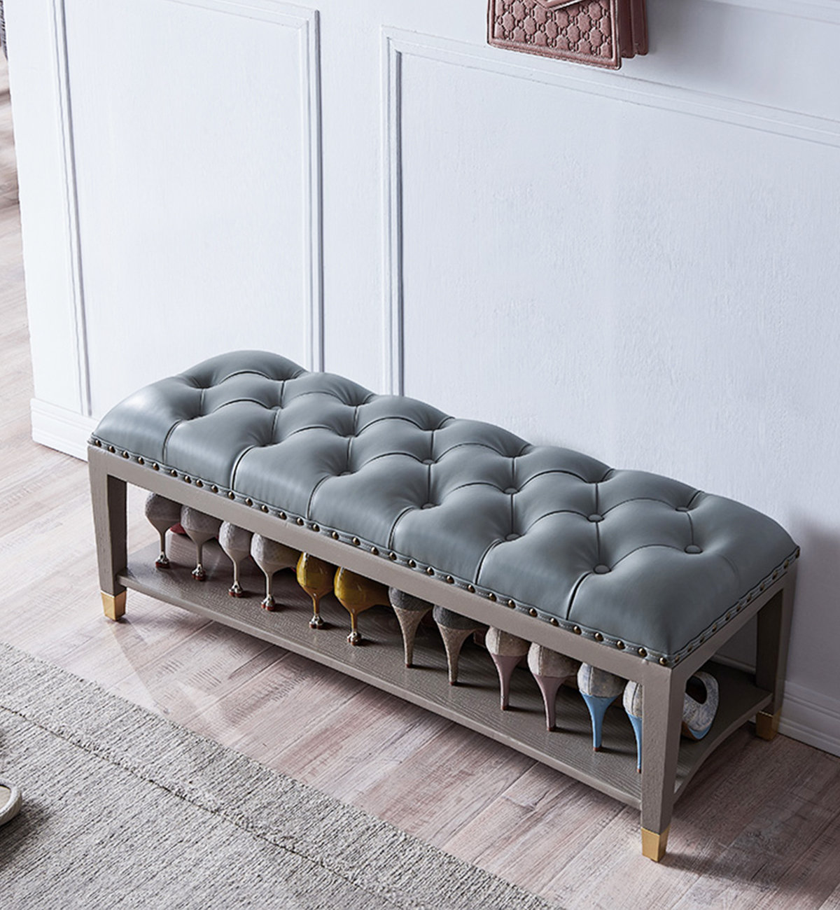 Red Barrel Studio Solid Wood Shoe Storage Bench with Leather Upholstery ...