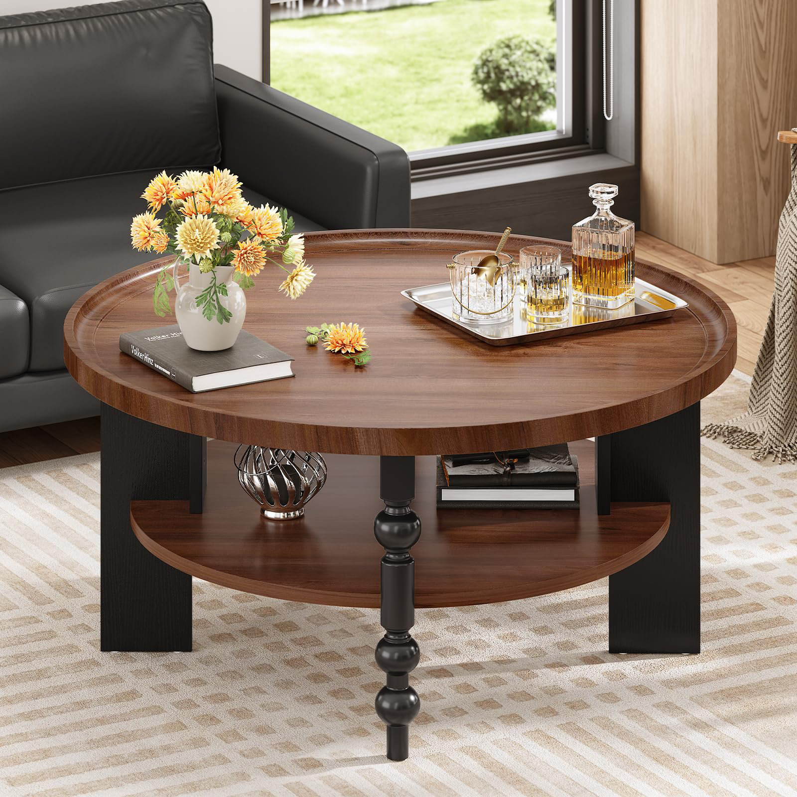 CONMINI 31.5" Round Coffee Table, 2-Tier Coffee Table With Storage ...