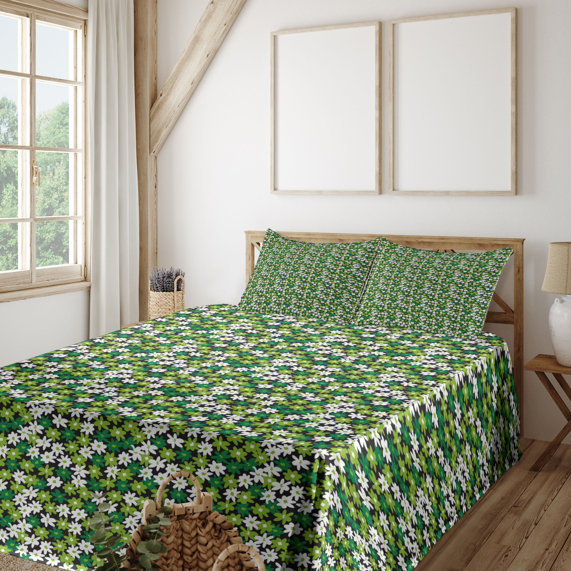 Ambesonne Floral Sheet Set Simplistic Daisy Flowers Art Lime Green and ...