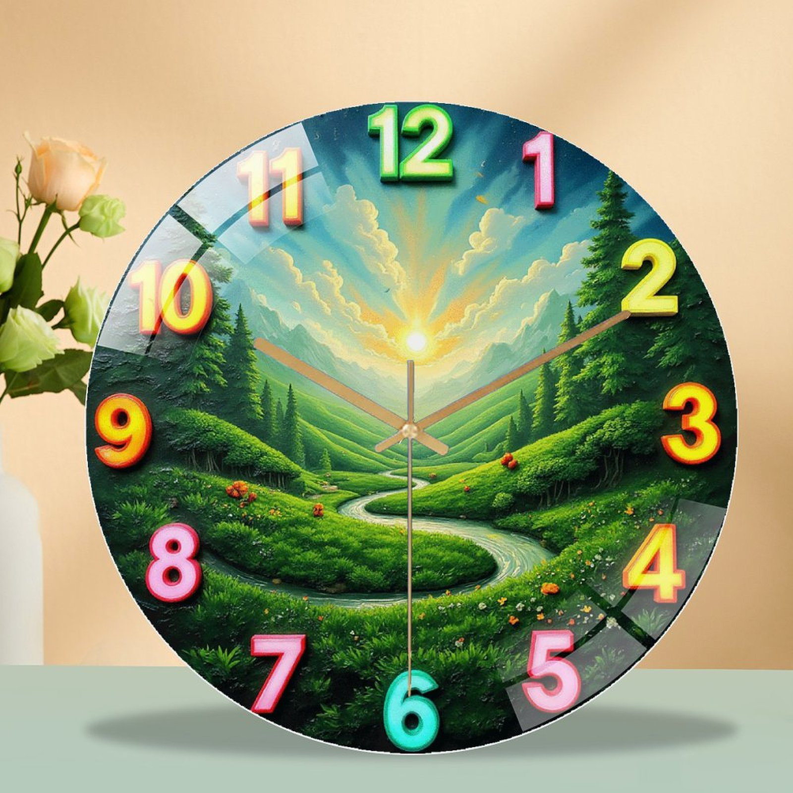 Dakota Fields Nature Landscape Wall Clock with Colorful Numbers Art ...