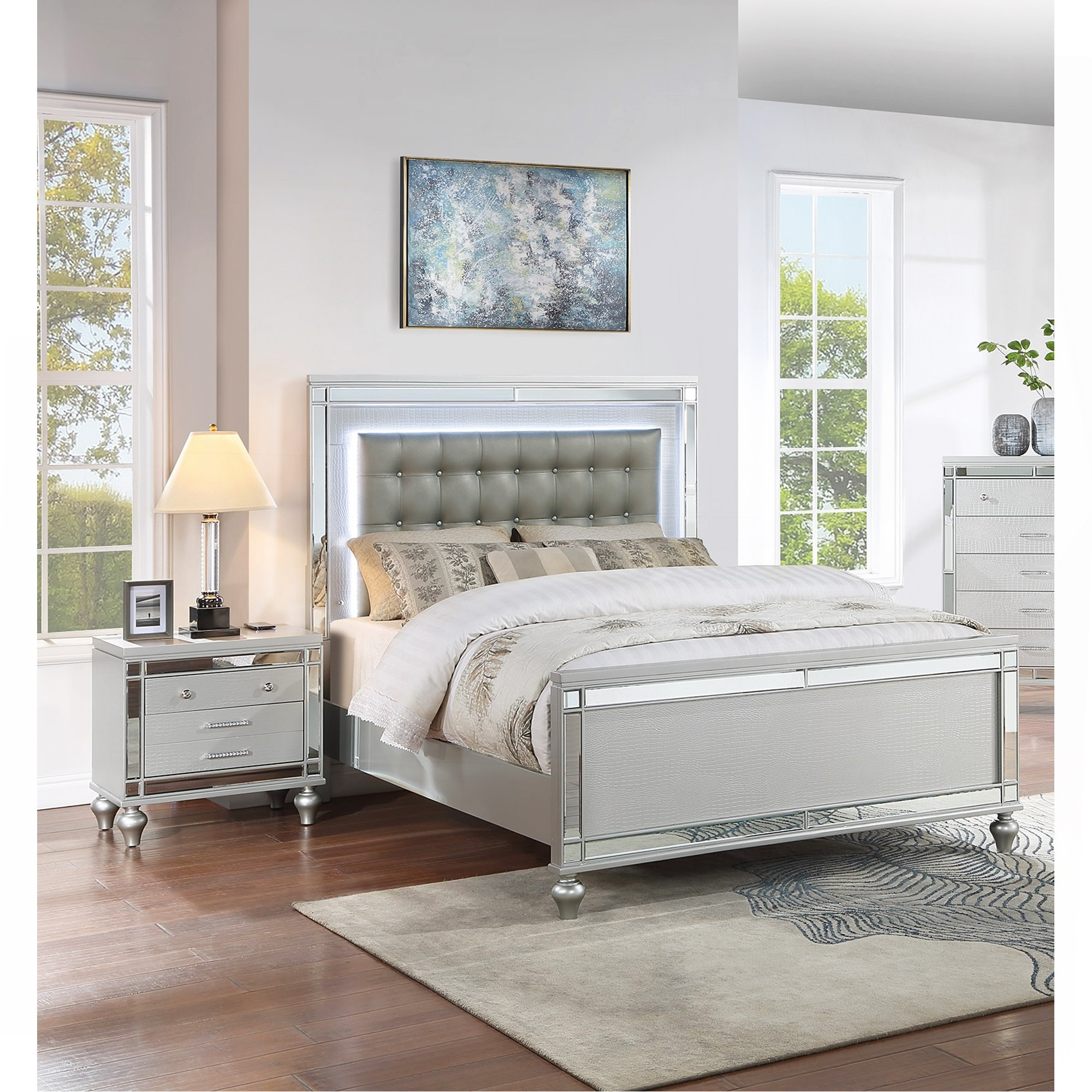 Mercer41 Beautiful Silver Tufted Faux Leather King Size Bed W LED ...