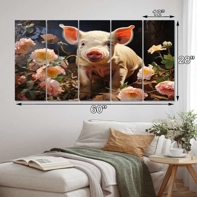 Rosalind Wheeler Pink Pig Joyful Oinker On Canvas 5 Pieces Print | Wayfair