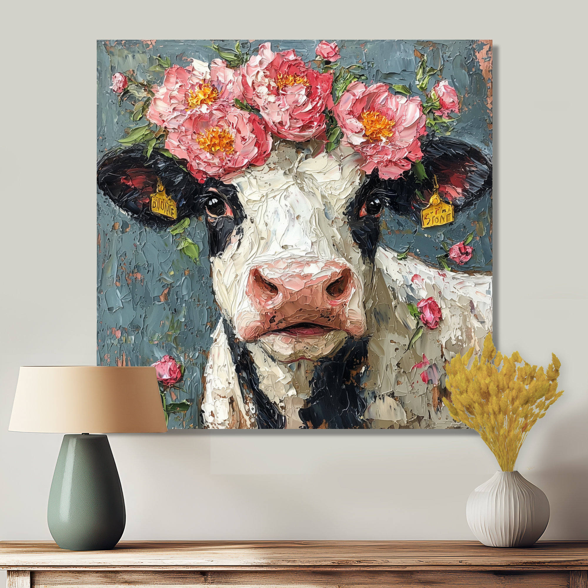 August Grove® Dosh Cow Painting With Peonies I - Cow Wall Art for ...