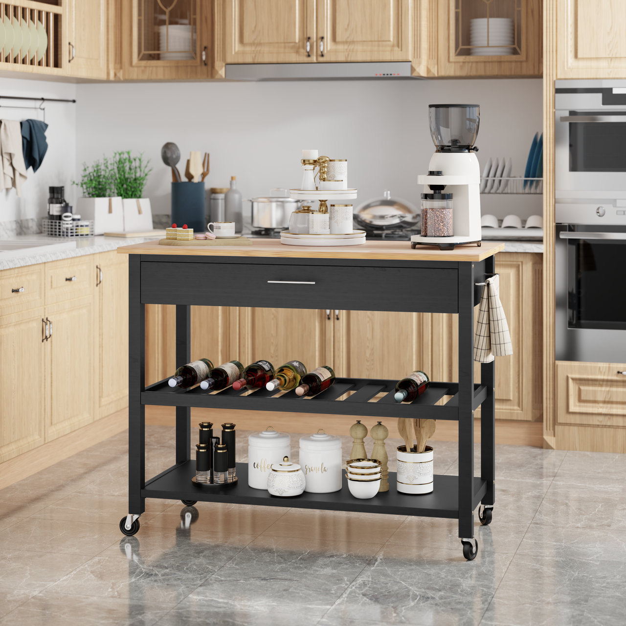 Ebern Designs Kitchen Island Cart With Storage - Adjustable, Towel Rack ...