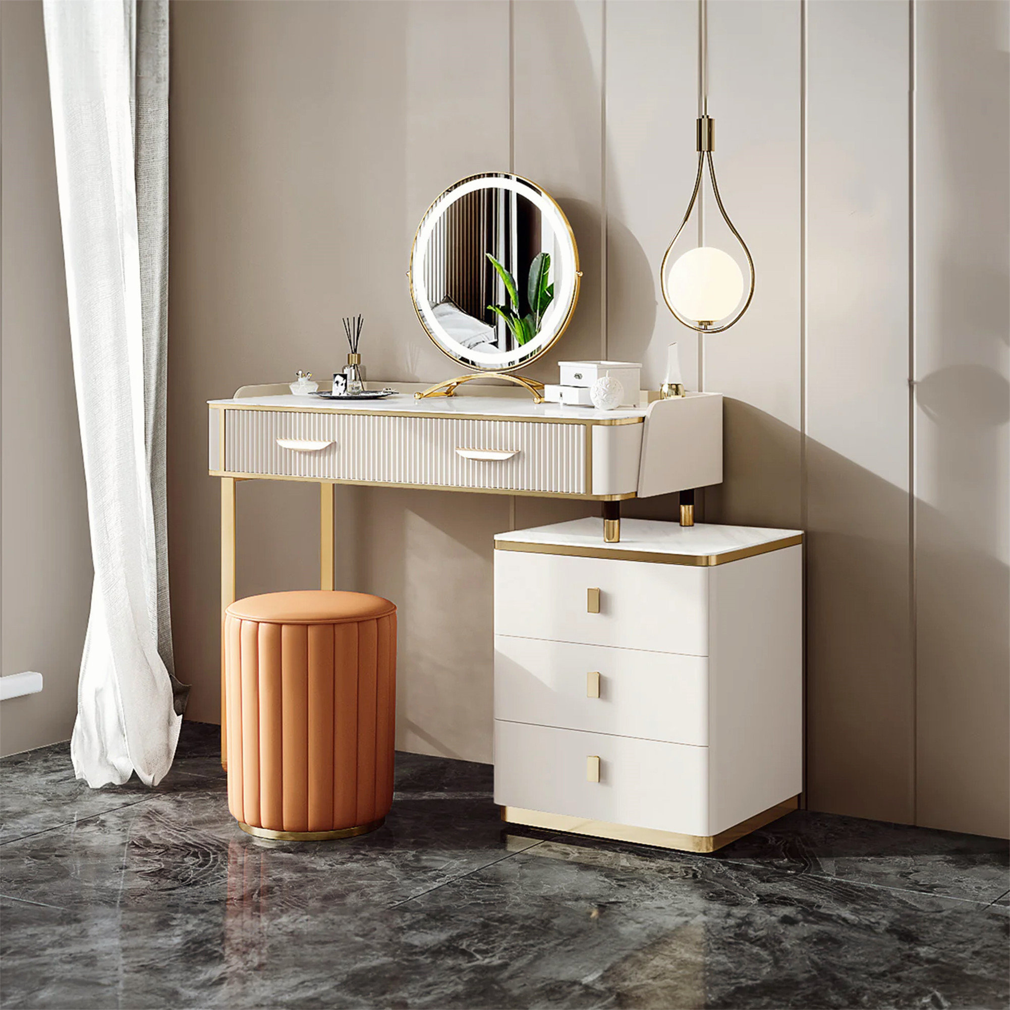 Everly Quinn Modern Dressing Table Set with Mirror and Solid Stool,LED ...