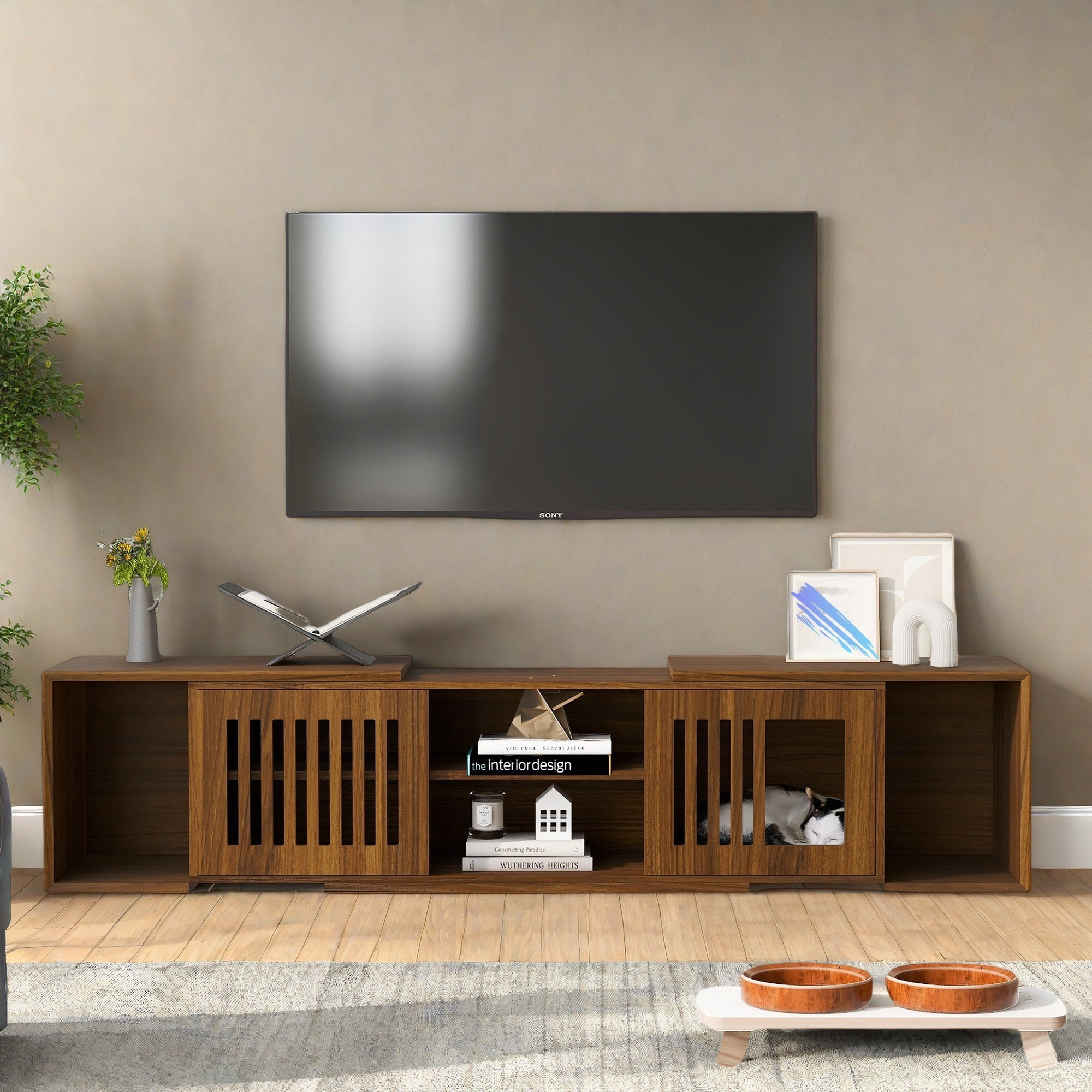 Hokku Designs Mid-century Tv Stand With Extendable Table, Cat Cushion ...