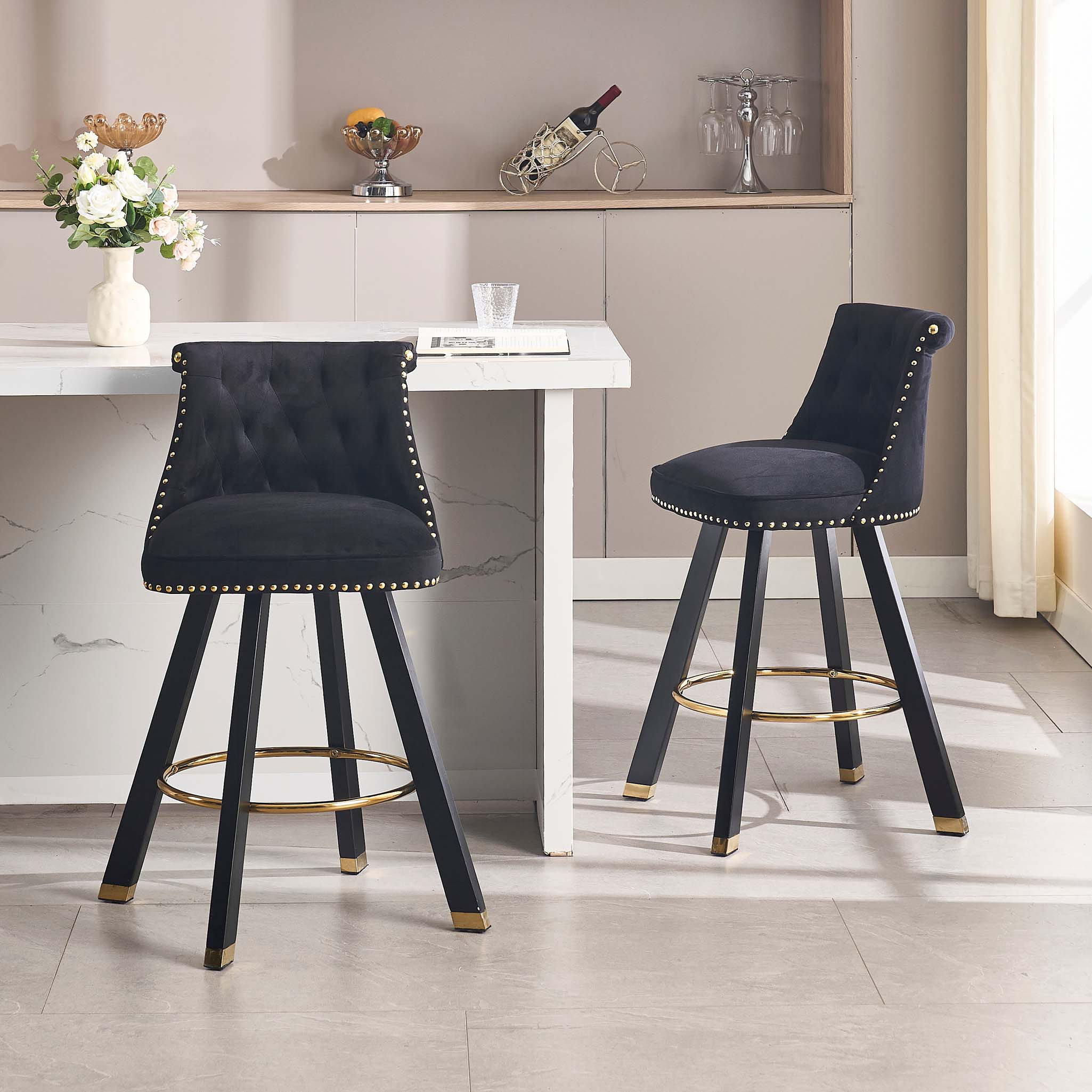 Mercer41 Set of 2 Velvet Bar Stools with Back Pull Point, 360 Degree Rotation, and Detachable ...
