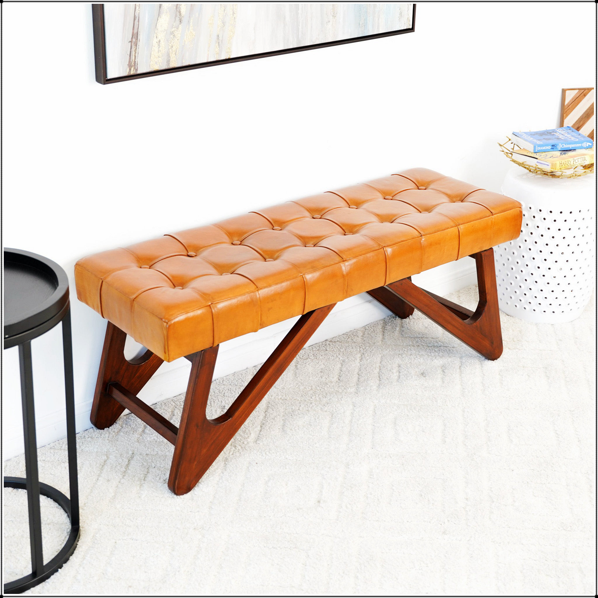 Lark Manor™ Mia Tan Leather Bench With Buttons Simple design ...