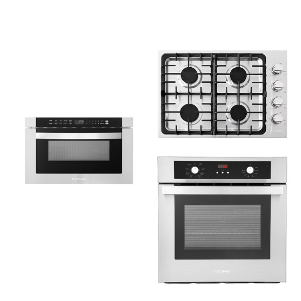 Cosmo 3 Piece Kitchen Appliance Package with 30'' Gas Cooktop , Wall ...