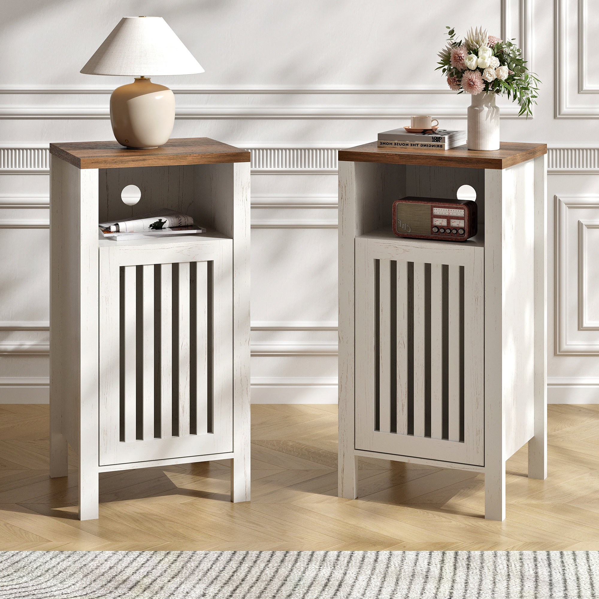 Ebern Designs Set Of 2 End Table, Farmhouse Sofa Table With Grille Door, Side Tables For Living ...