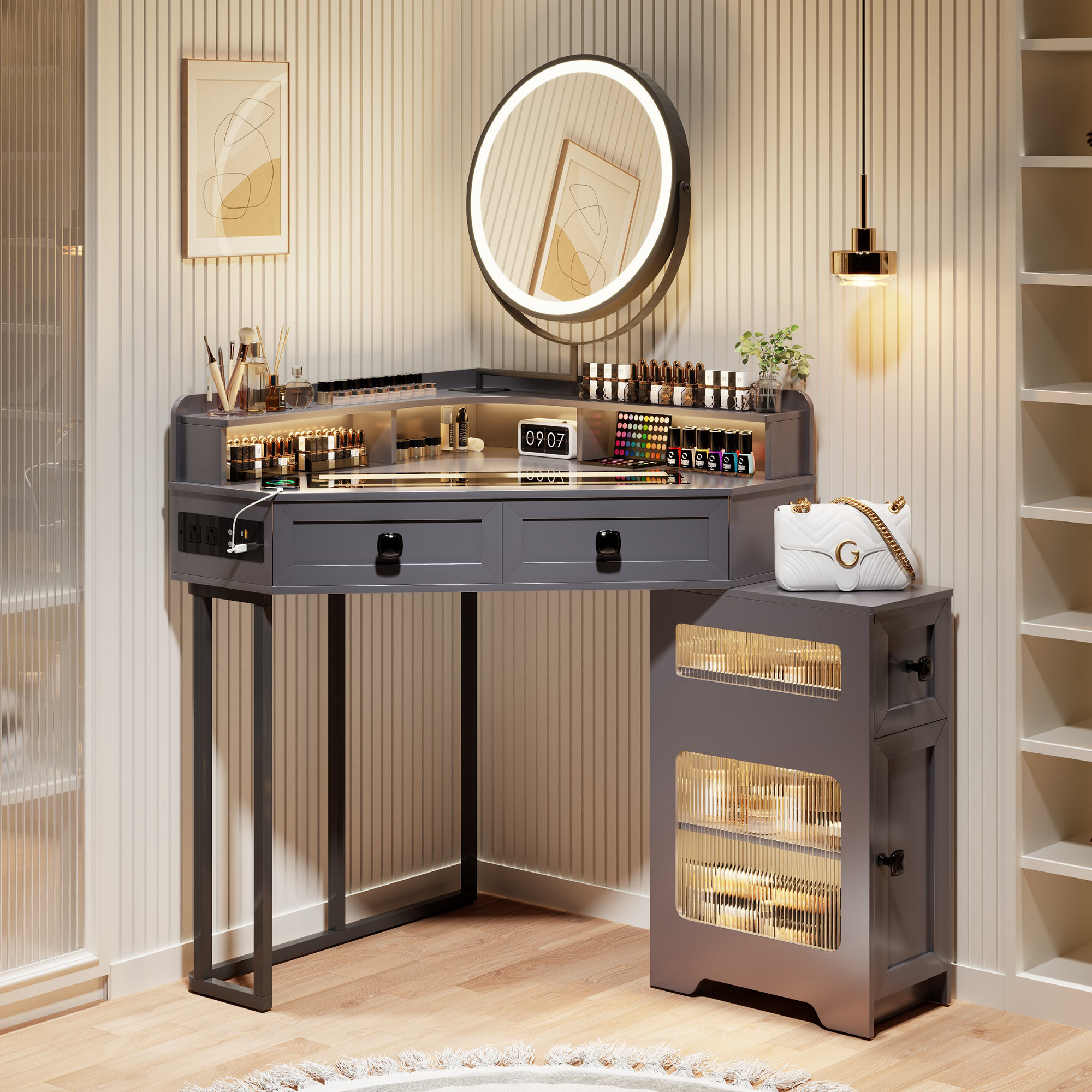 Ivy Bronx Machalik Corner Makeup Vanity With Mirror & Reviews | Wayfair