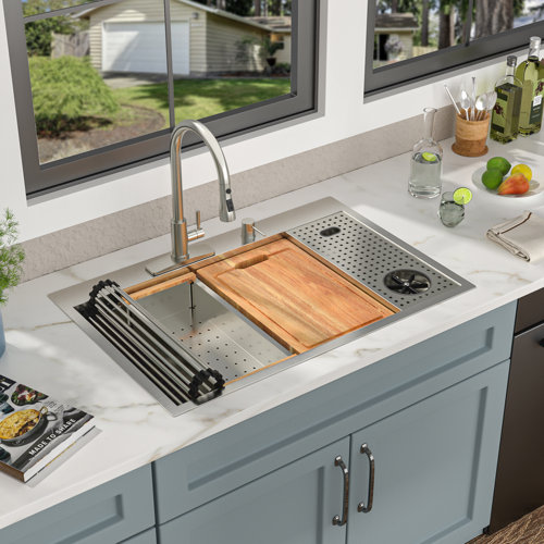 GhomeG 33" Drop-In Single Bowl Kitchen Sink - Workstation Design With ...