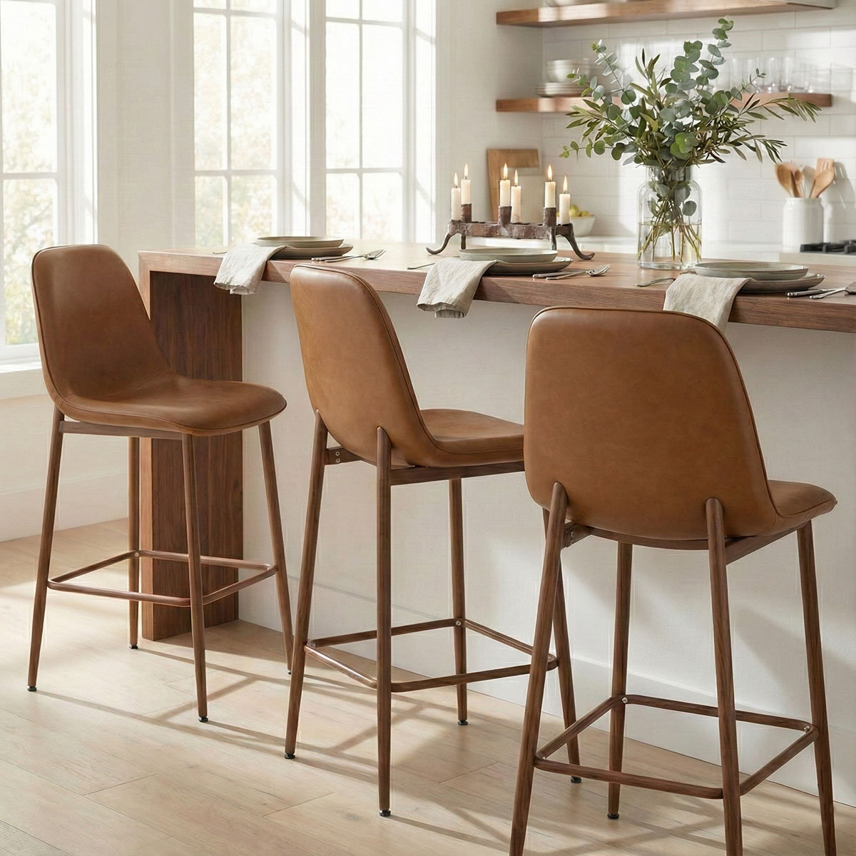 George Oliver 26 inch Faux Leather Counter Stools with Walnut Finish ...