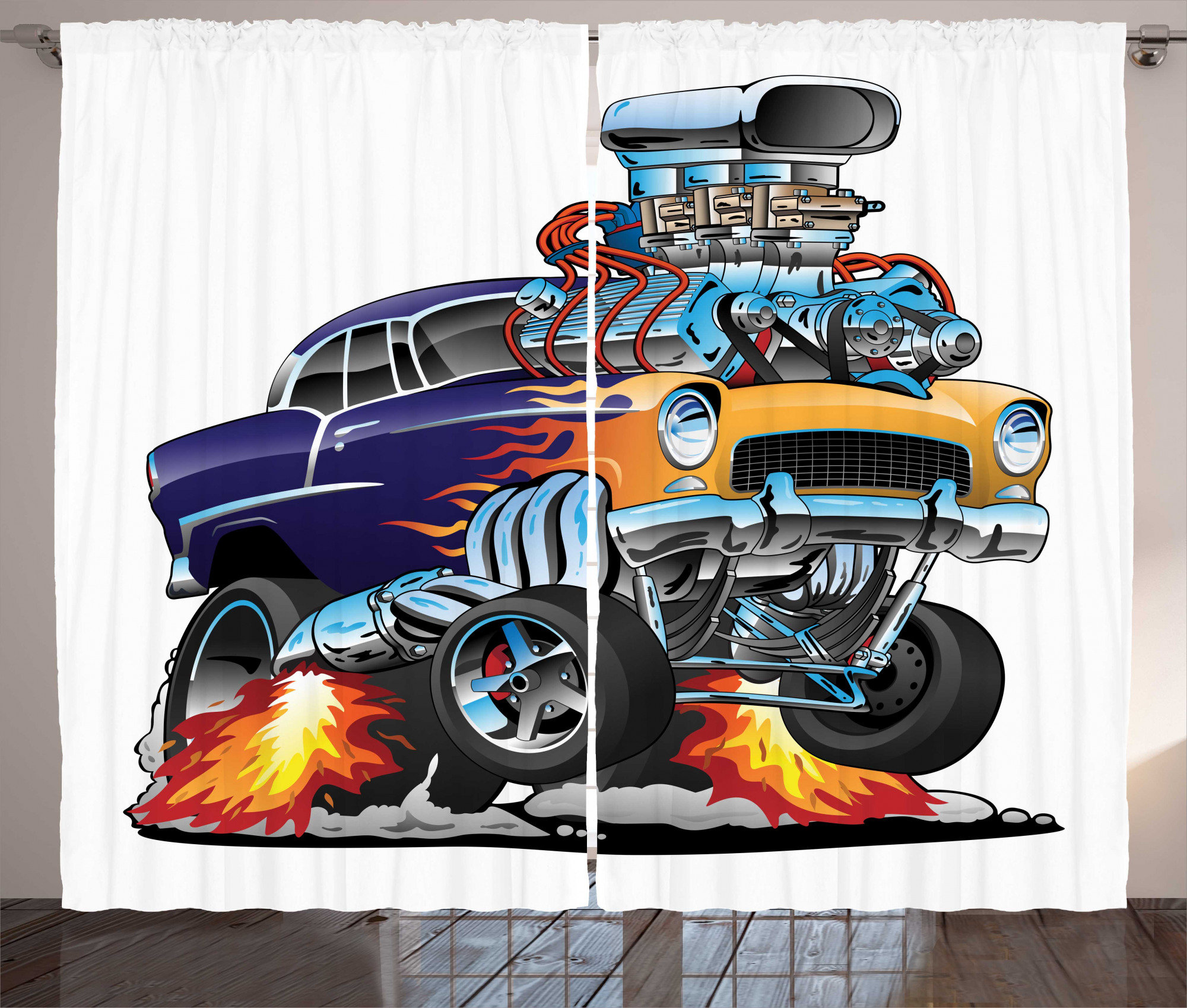 Ambesonne A Single Classic Hot Rod Muscle Car 2 Piece Semi-Sheer ...