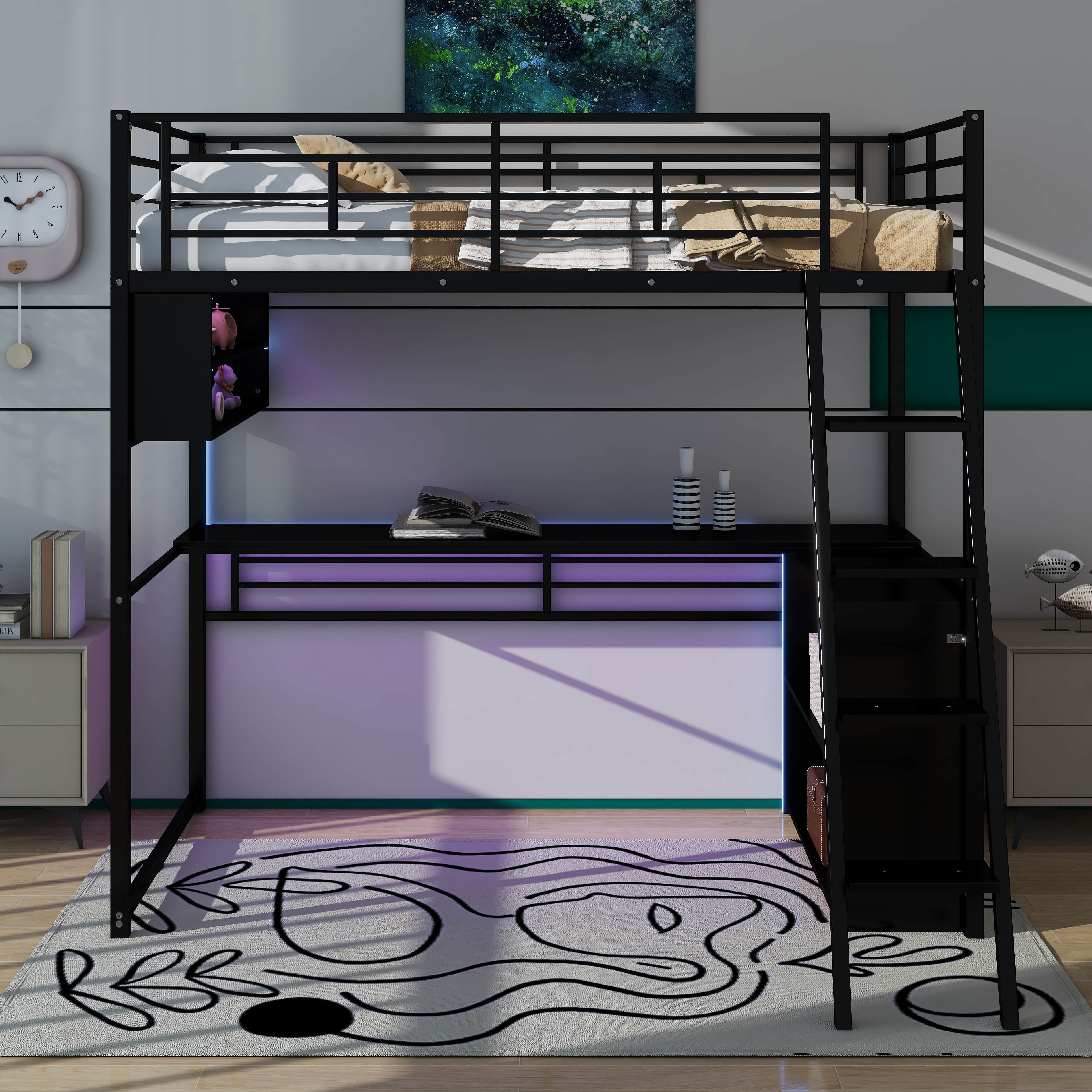 Mason & Marbles Delasandro Metal Loft Bed With LED, Desk And Shelves ...
