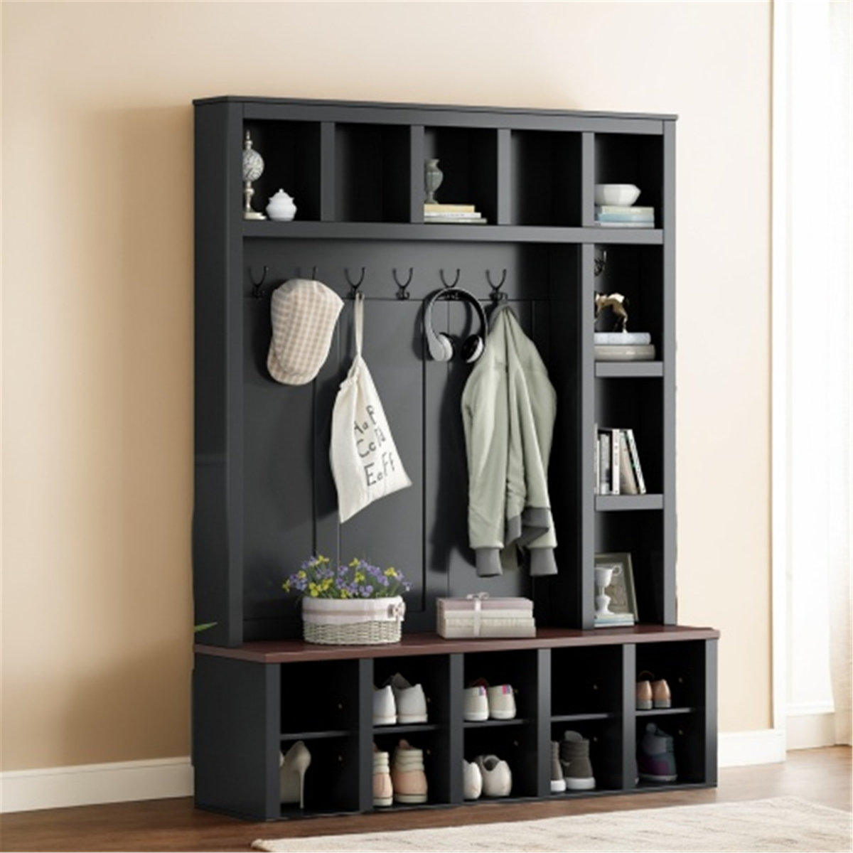 Hokku Designs Versatile Wooden Hall Tree with Multiple Functions and ...