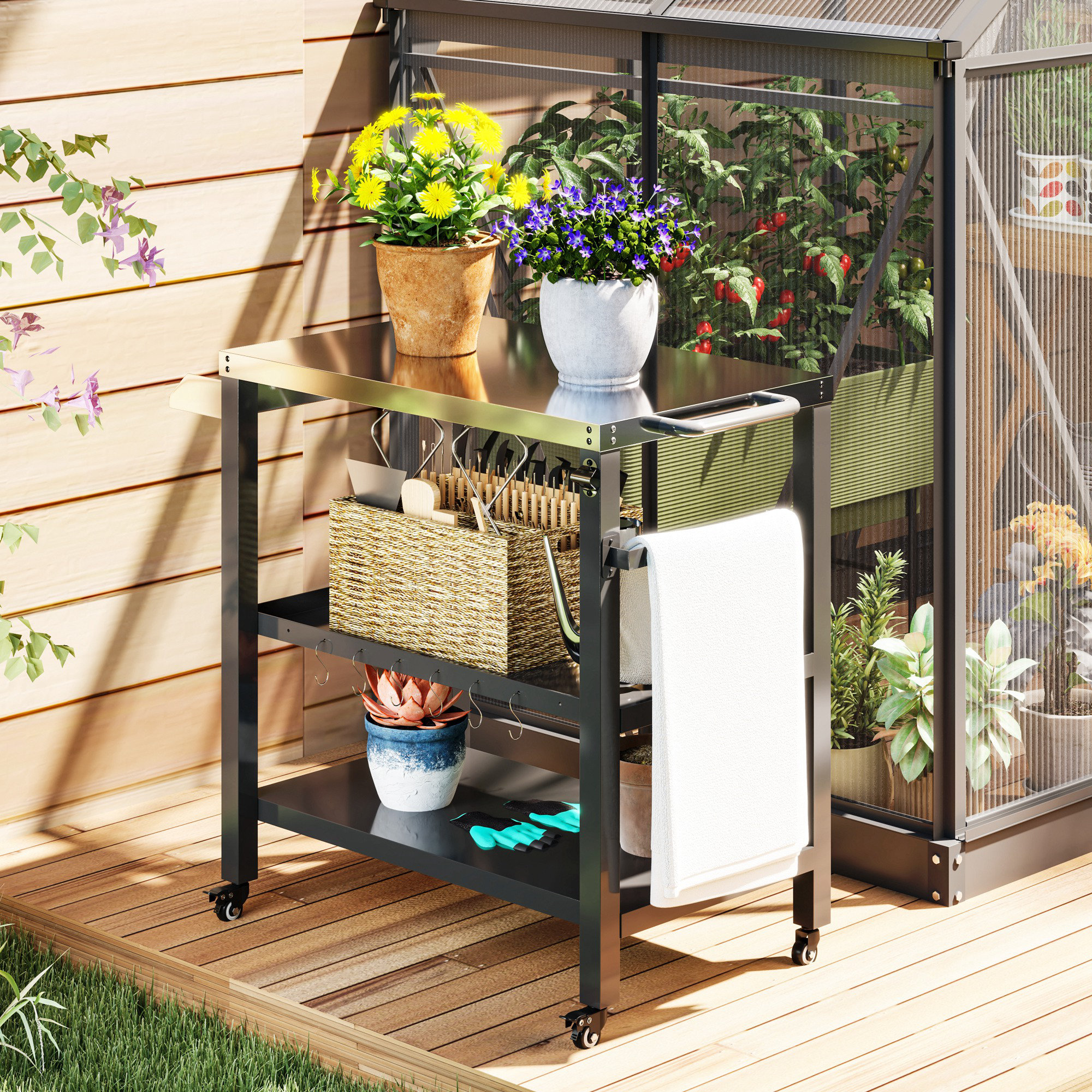 Outsunny Outdoor Kitchen Prep Table, Three-Shelf Rolling Pizza Oven ...